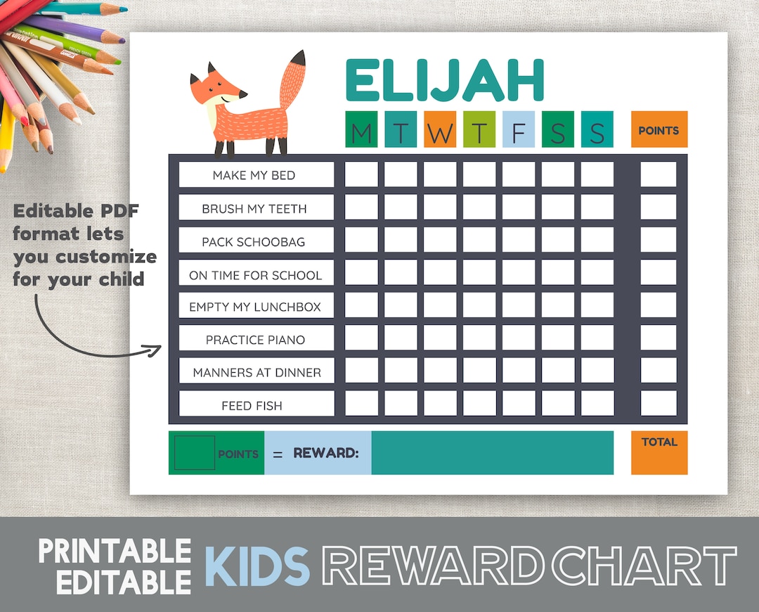 Reward Chart Printable Fox Woodland Boys Reward Chart Fillable Editable ...