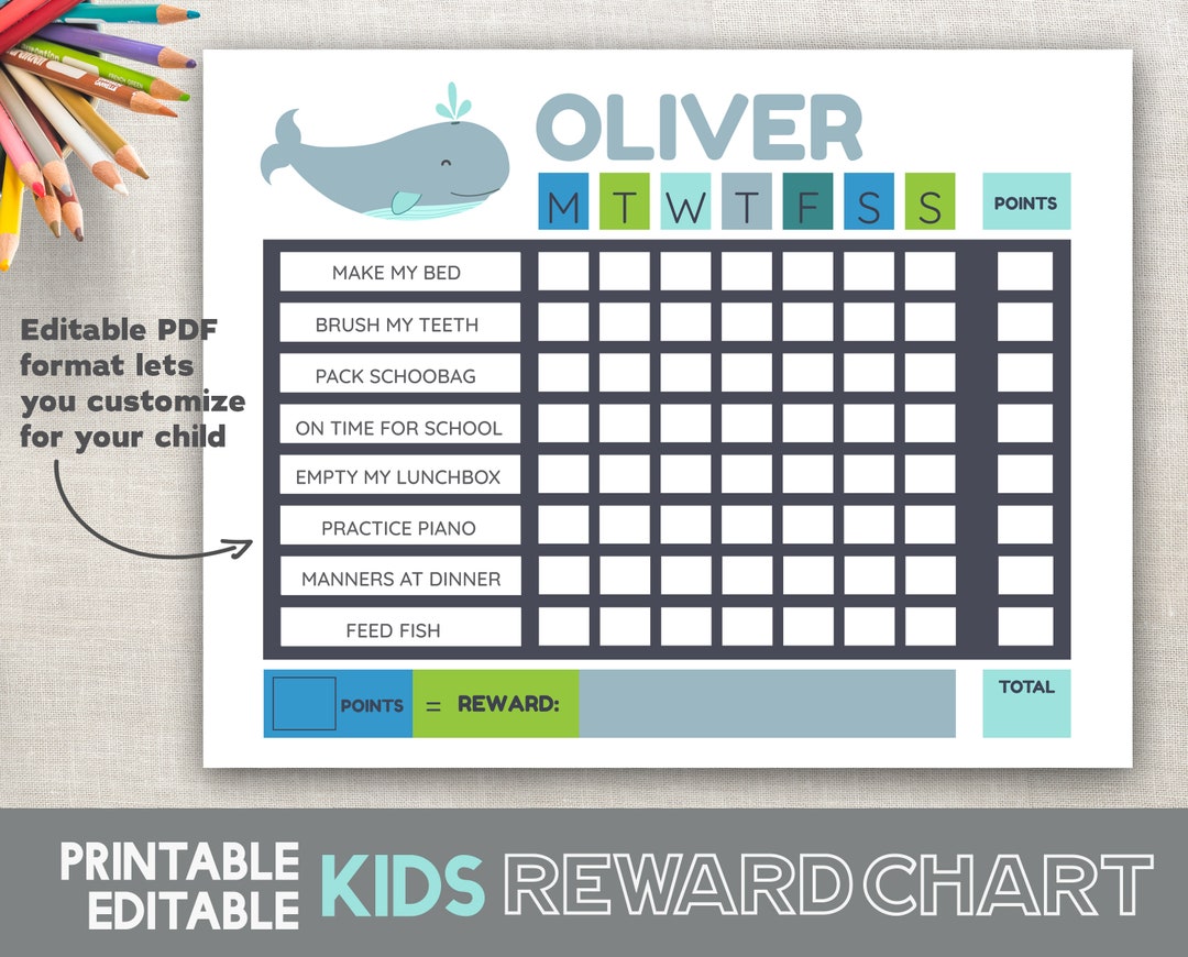 Reward Chart Printable Whale Chore Chart Nautical Art Boy Routine Chart ...
