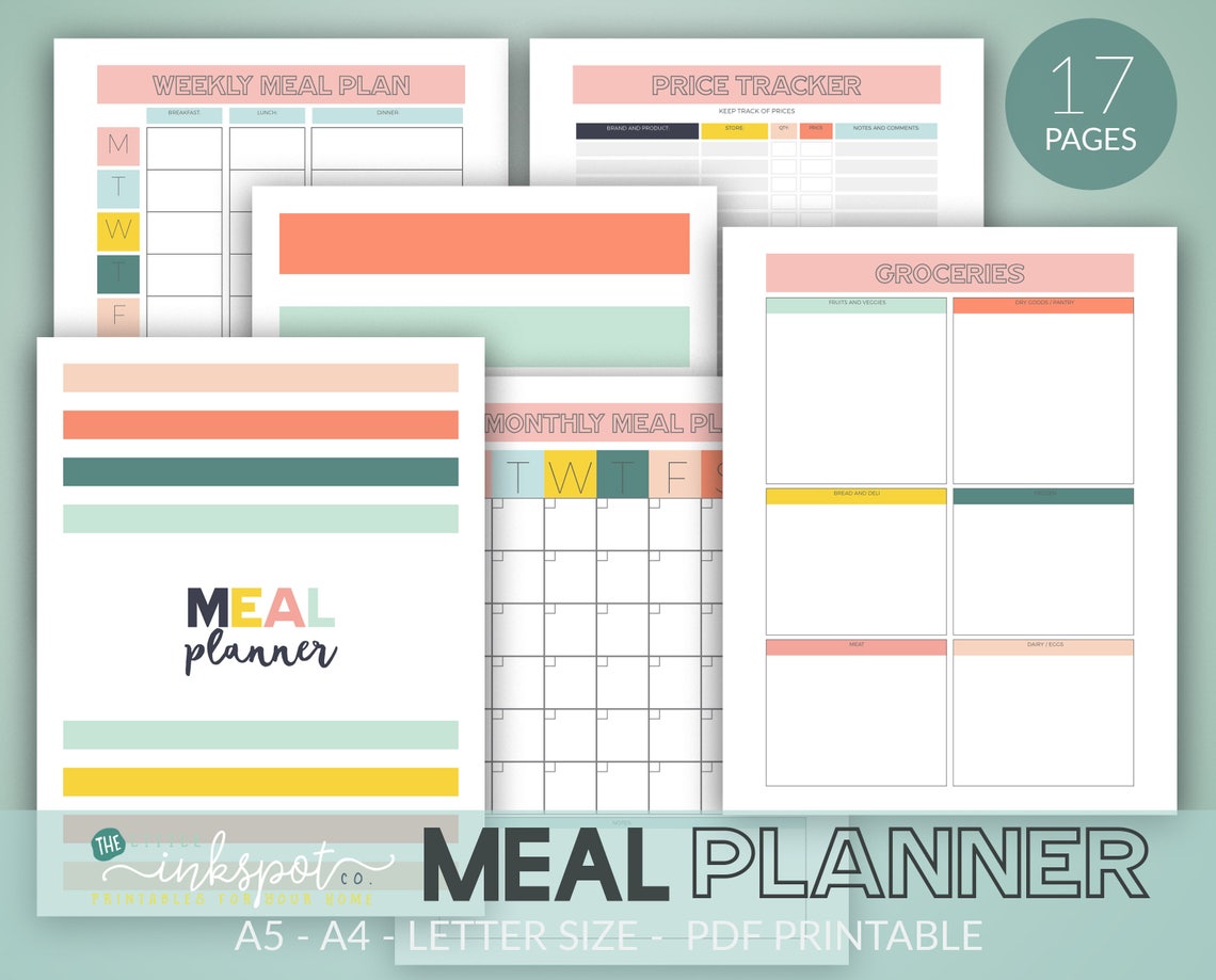 Meal Planner Printable Instant Download Menu Planner Recipe Planner ...