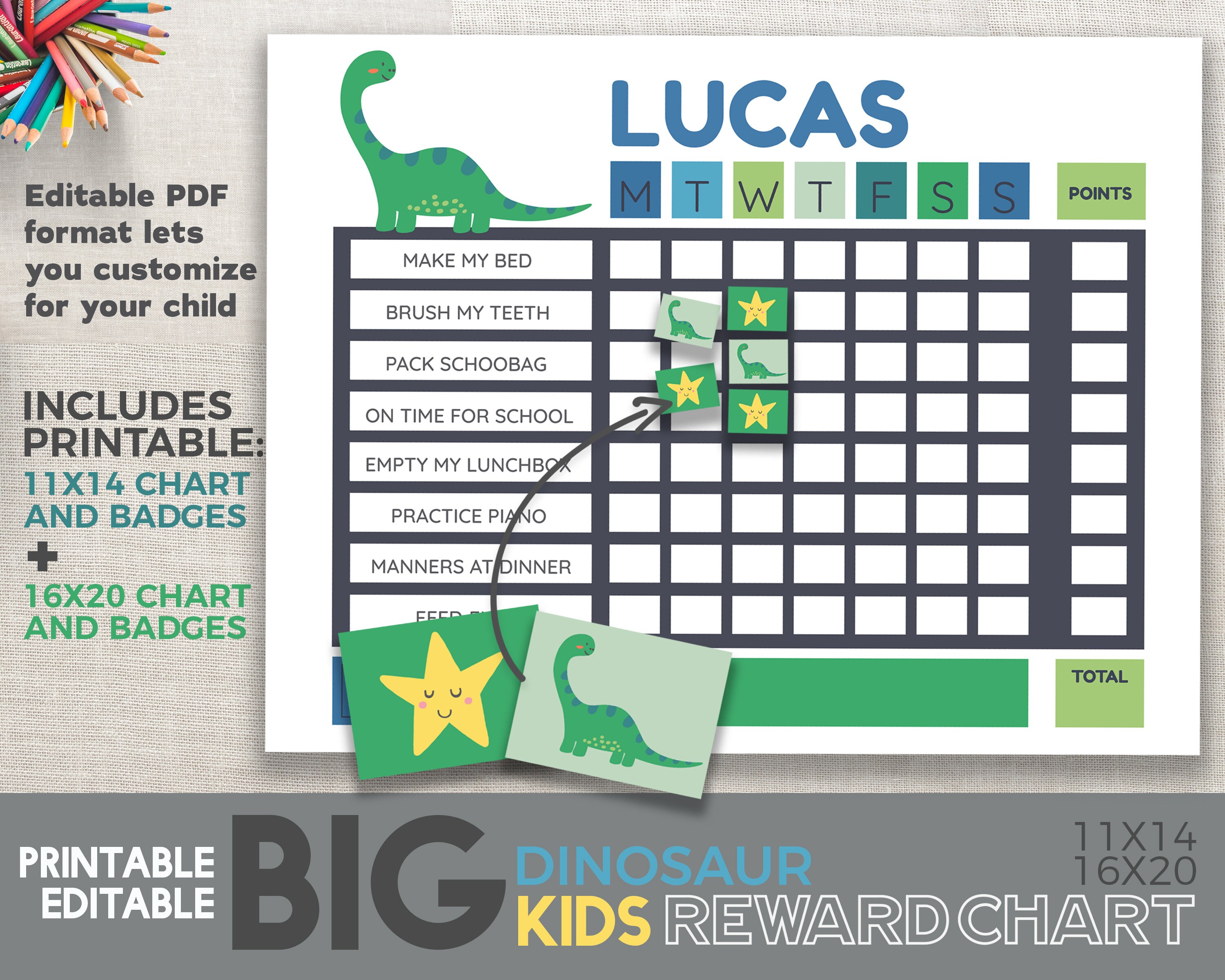 Big Reward Chart Dinosaur 11x14 and 16x20 Editable Printable | Etsy