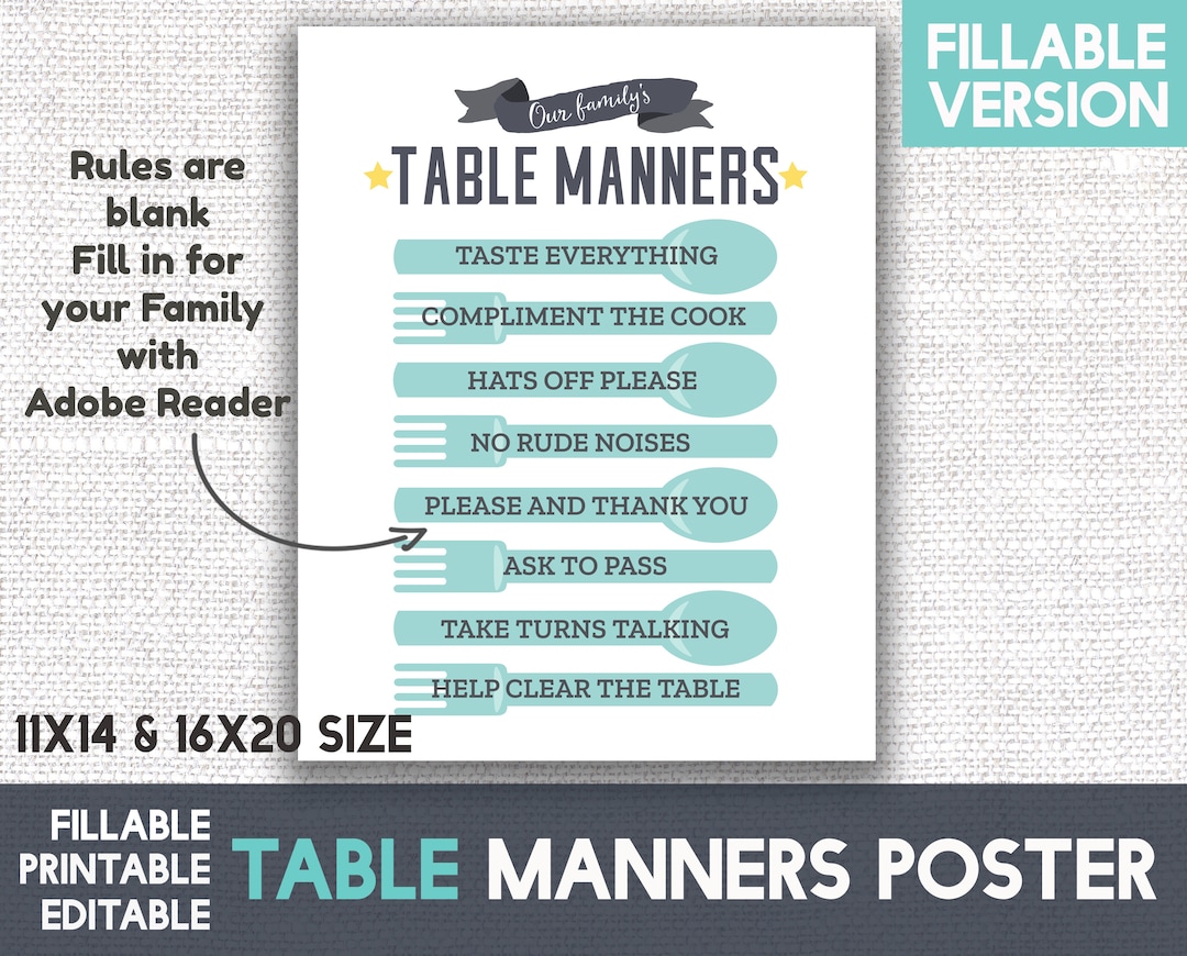 Editable Table Manners Poster 11x14 and 16x20 Printable Fillable ...