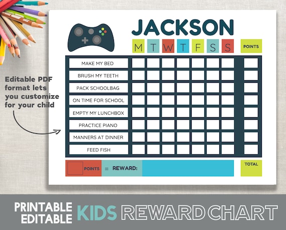 Reward Chart Printable Boy Chore Chart Editable Fillable PDF | Etsy UK