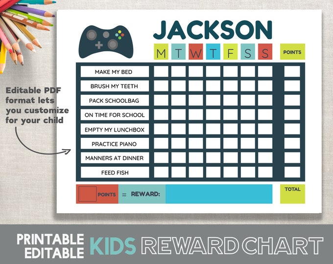 Editable Video Game Reward Chart Video Game Kids Chore Chart Kids ...