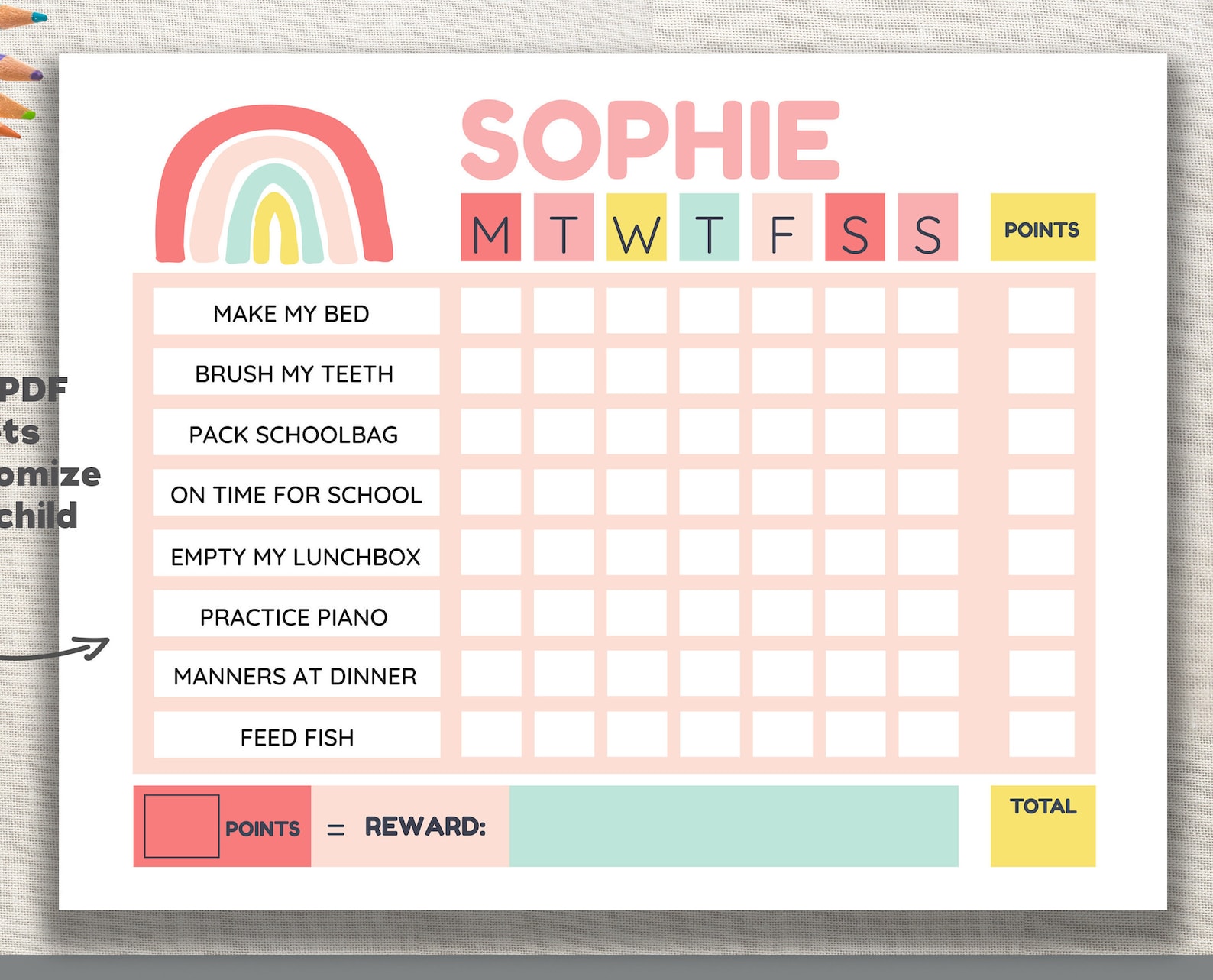 Cute Reward Chart Editable Printable PDF Kids Rainbow Reward | Etsy