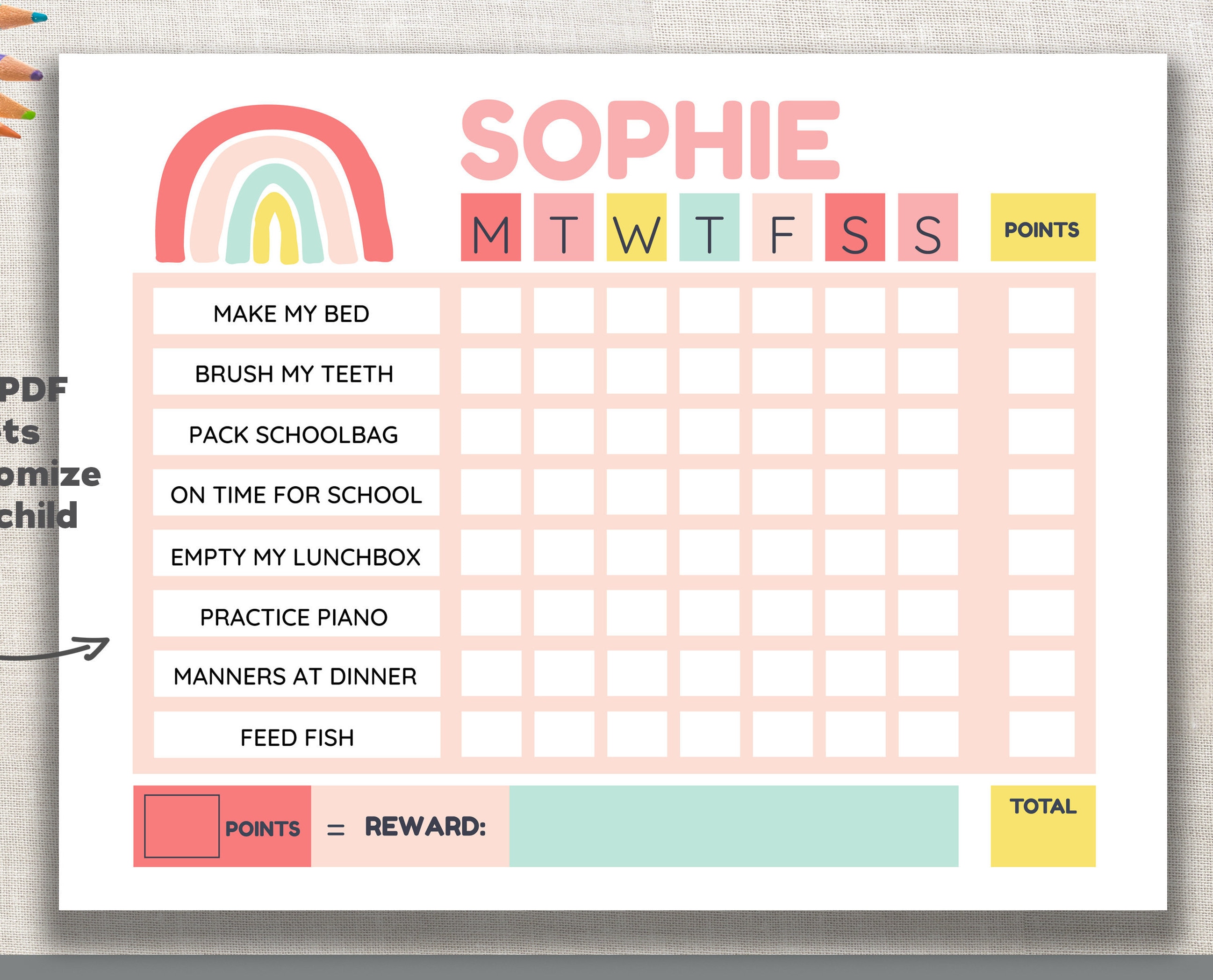 Cute Reward Chart Editable Printable PDF Kids Rainbow Reward Chart Kids ...