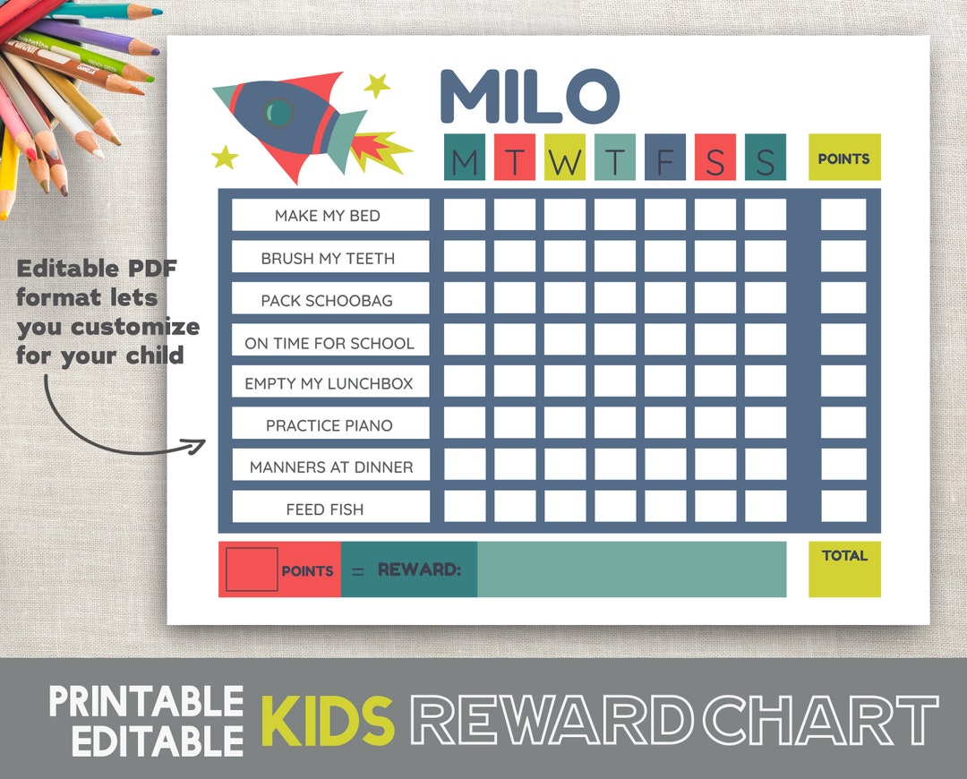 Boy Reward Chart Rocket Ship Editable PDF Printable Reward Chart Kids ...