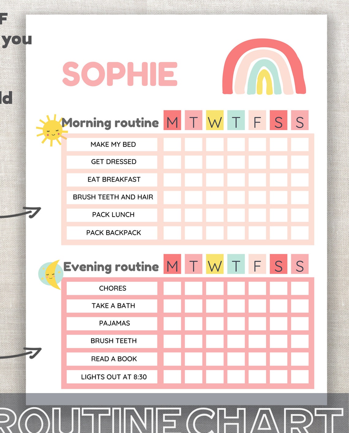Kids Chart Girl Routine Chart Pink Rainbow Morning and Evening Routine ...