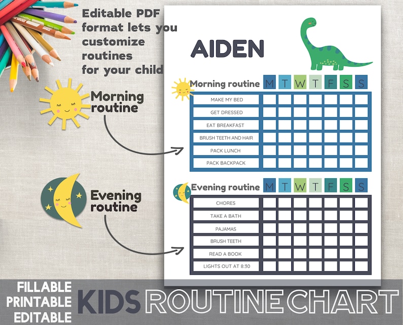 Dinosaur Chart Routine Chart Editable Printable Kids Chart PDF - Day ...