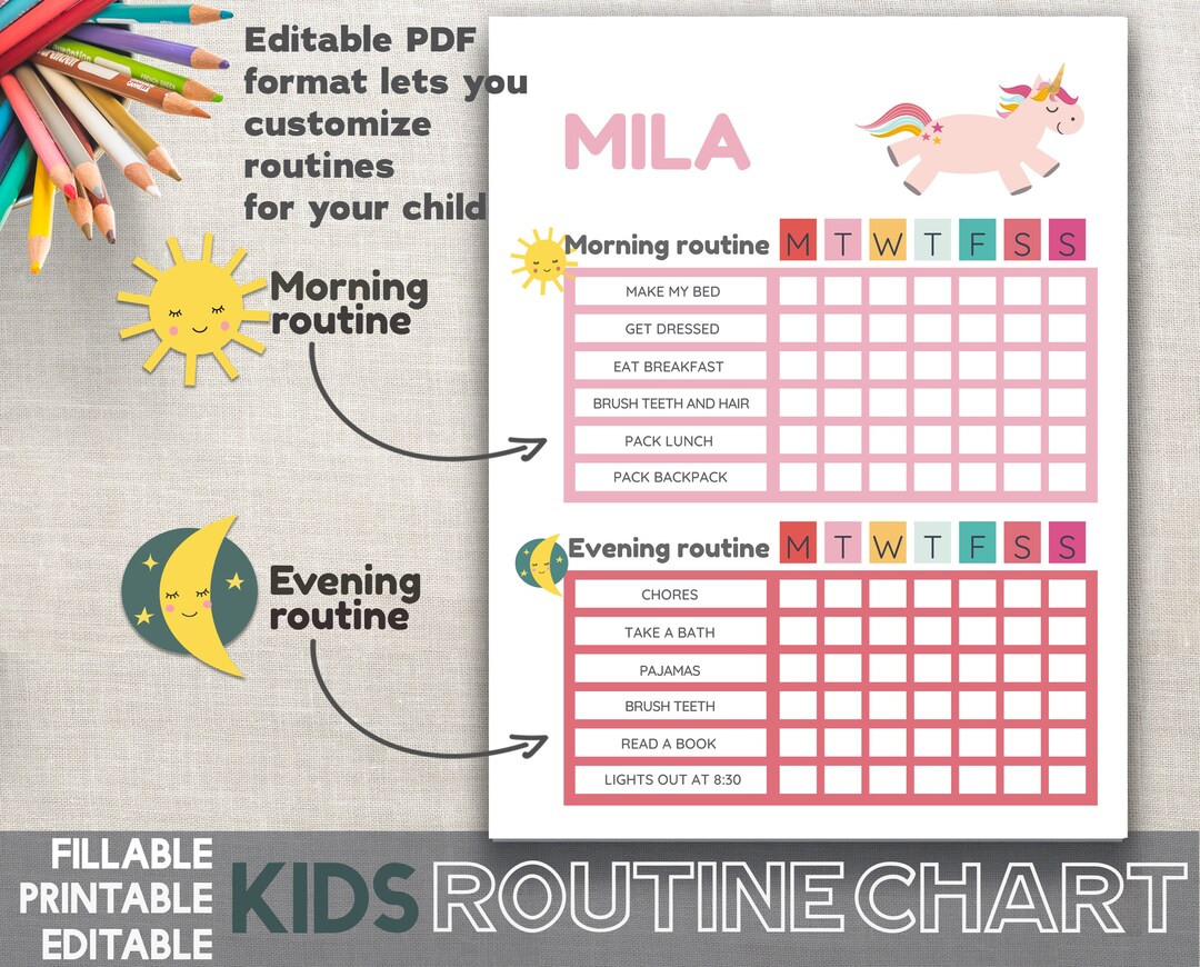 Kids Chart Routine Chart Unicorn Morning and Evening Routine Printable ...