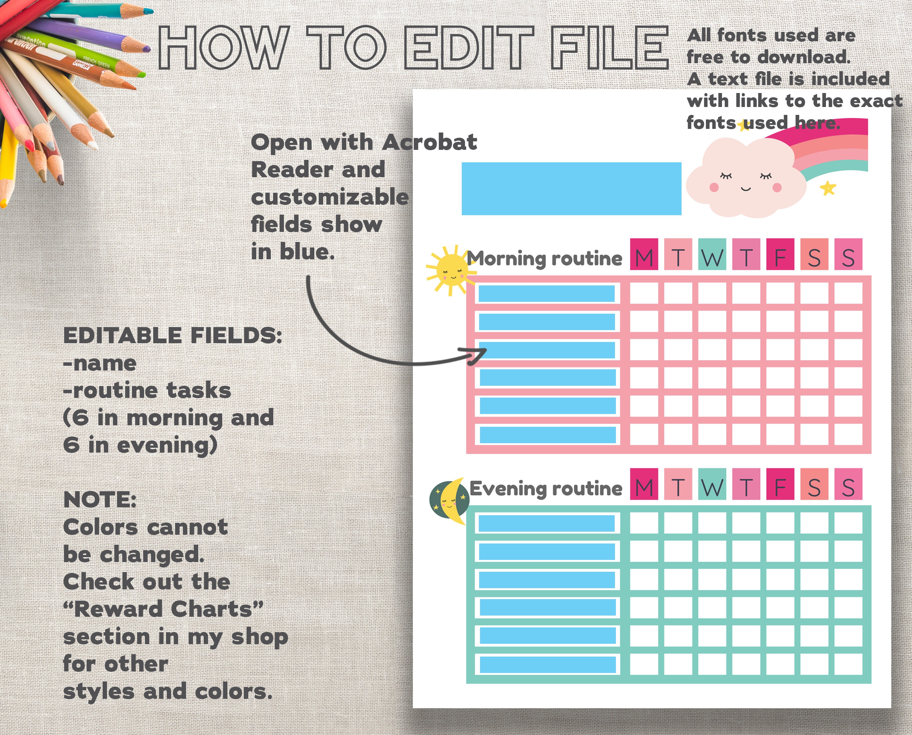 Morning Evening Routine Chart Girls Pink Cloud With Rainbow Printable ...