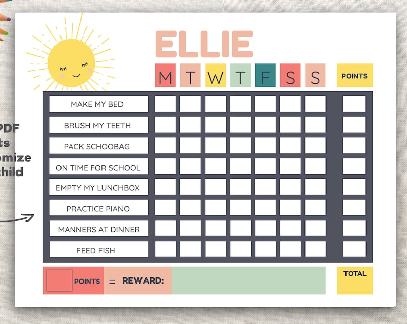 Cute Reward Chart Editable Printable PDF Kids Sunshine Reward - Etsy