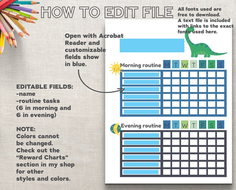 Dinosaur Chart Routine Chart Editable Printable Kids Chart PDF - Etsy