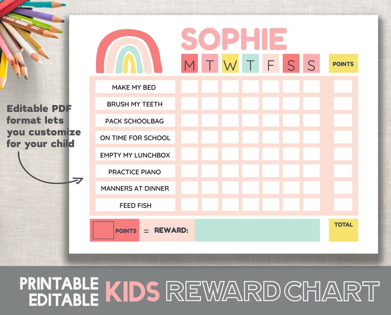 Cute Reward Chart Editable Printable PDF Kids Rainbow Reward - Etsy Canada