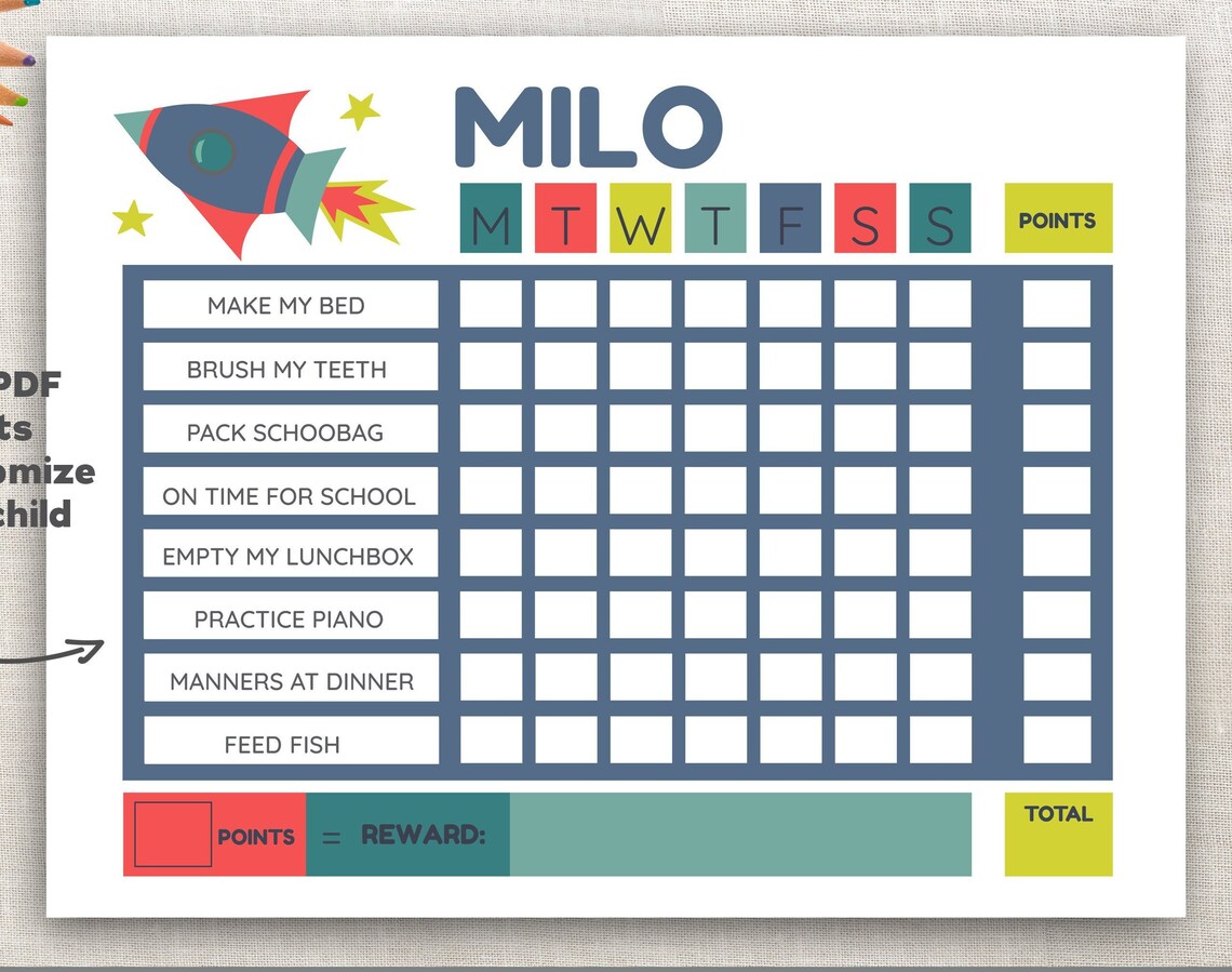 Boy Reward Chart Rocket Ship Editable PDF Printable Reward Chart Kids ...