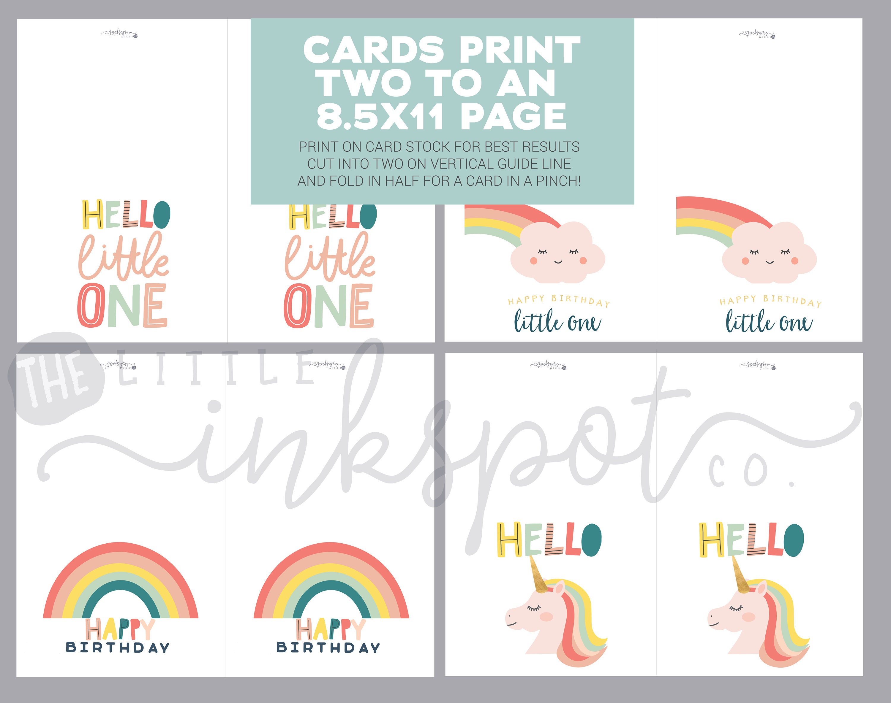 Printable Birthday Card Set of 4 New Baby Unicorn Rainbow Girls Set of ...