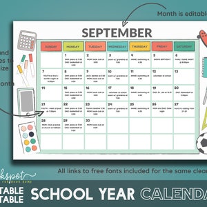 School Year Calendar Printable - Editable Monthly Schedule - Editable ...