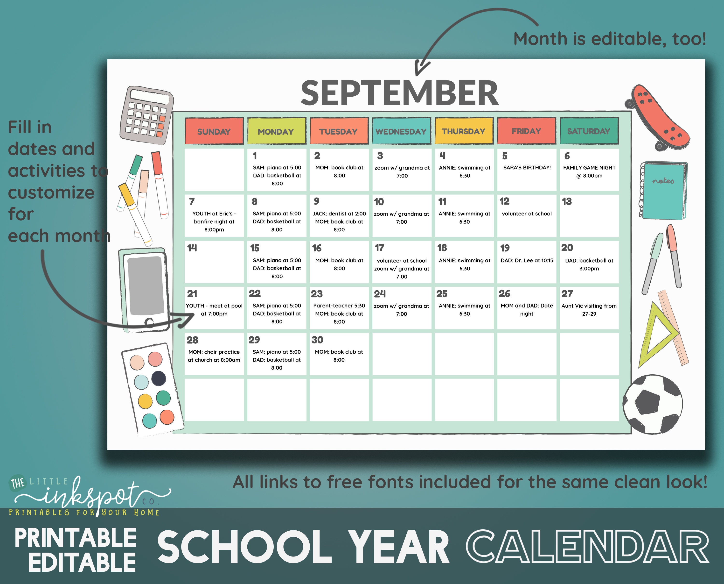 School Year Calendar Printable Editable Monthly Schedule | Etsy Canada