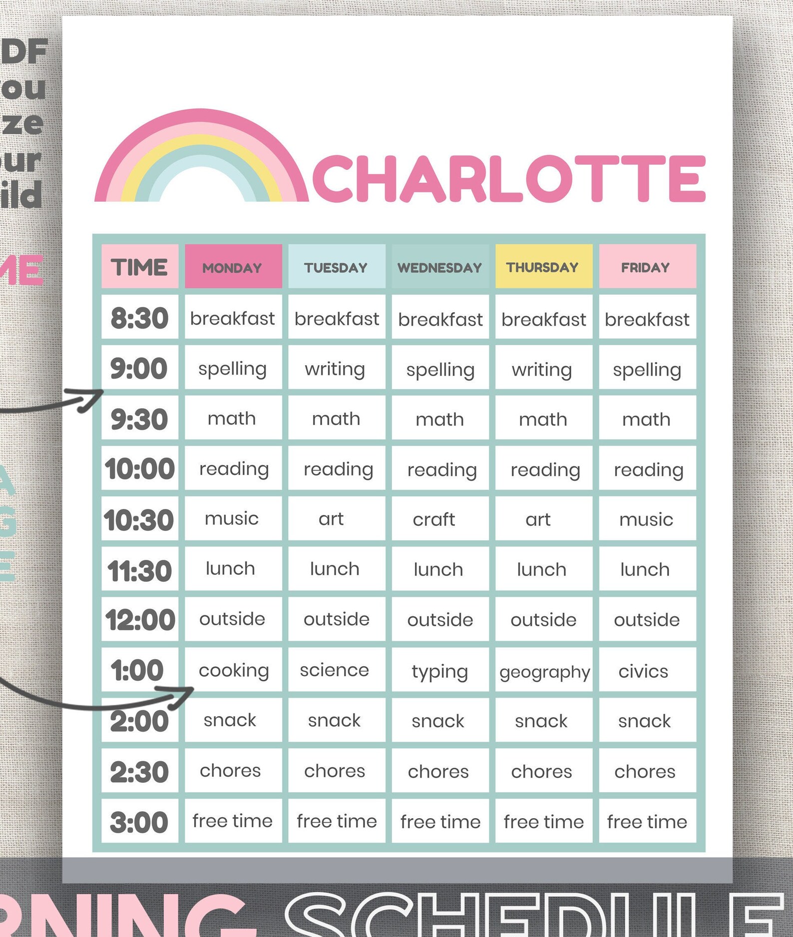 Editable Kids Schedule - Editable Printable Planner Schedule Template ...