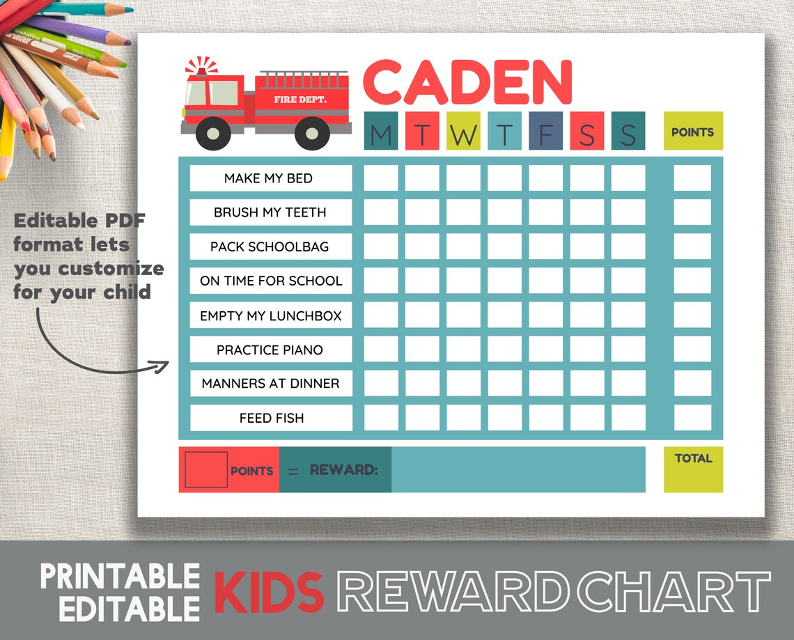 Firetruck Reward Chart Boys Chart Dump Truck Printable Editable Reward ...