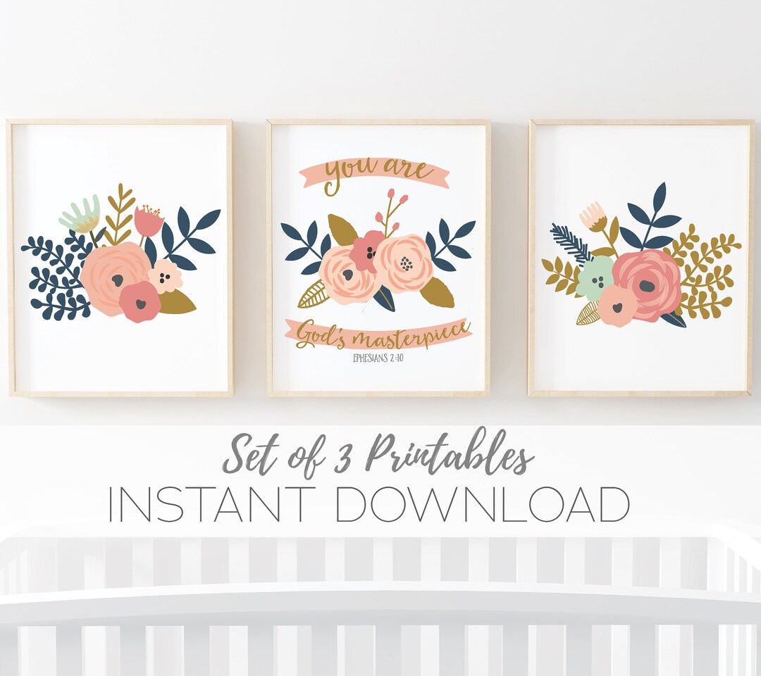 Floral Nursery Printable Set of 3 Digital Art Prints - Non-personalized ...