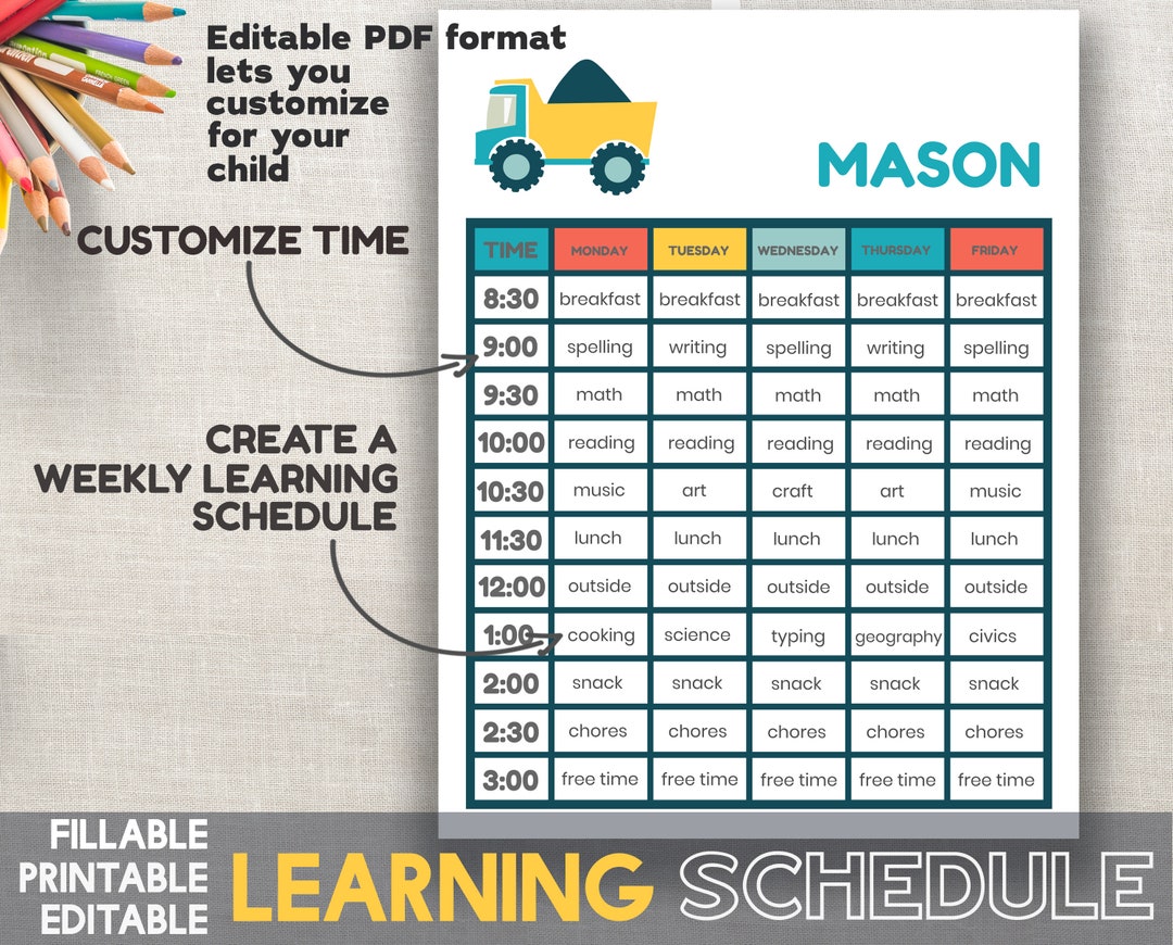 Editable Kids Schedule - Boys Weekly School Activity Planner - Hourly ...