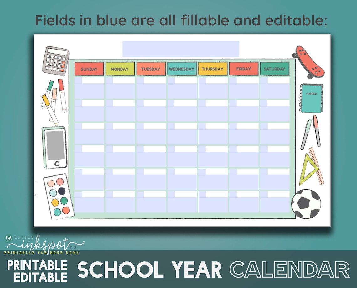 School Year Calendar Printable Editable Monthly Schedule - Etsy Canada