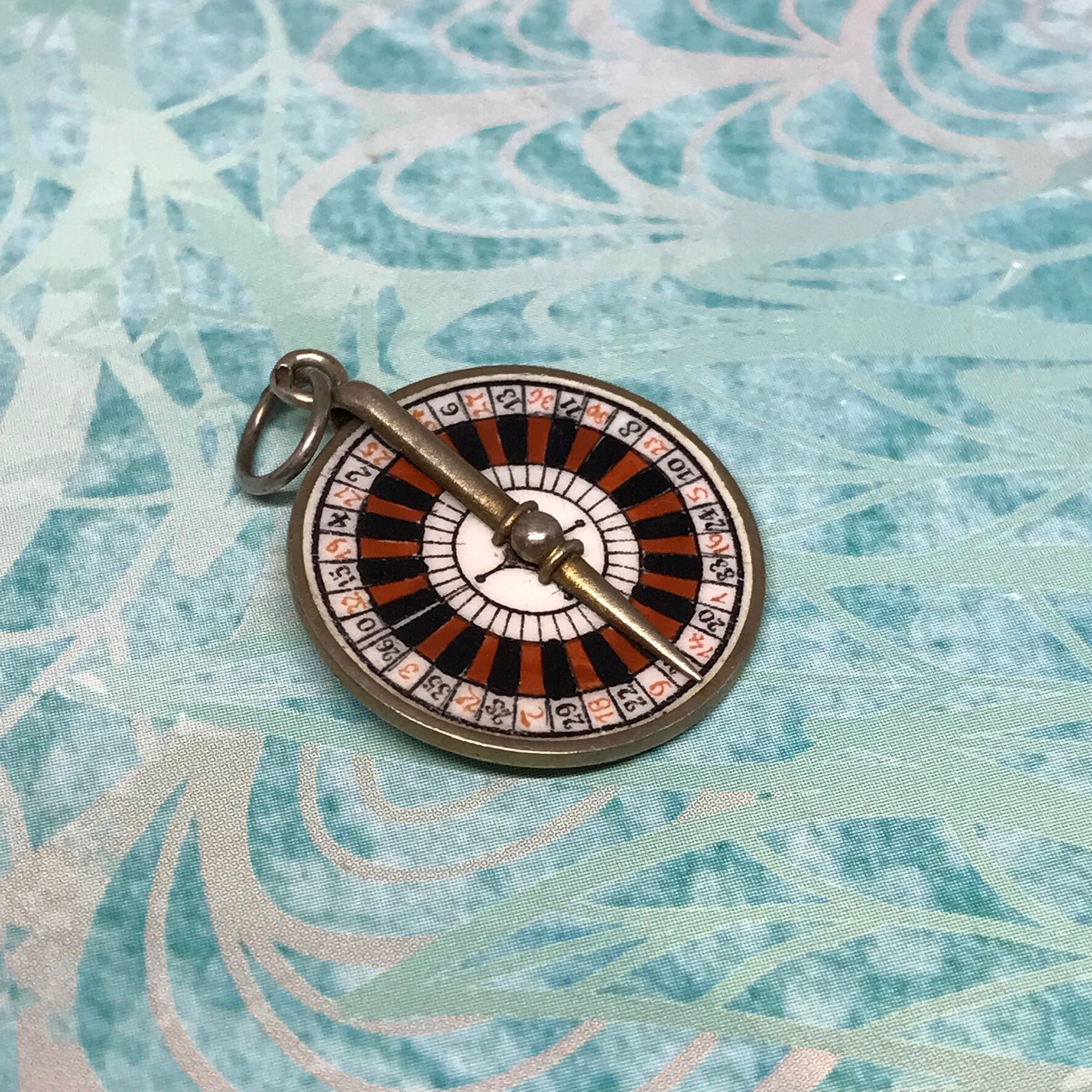 Antique Silver Enamel Roulette Wheel Pendant / Gambling Wheel Pendant