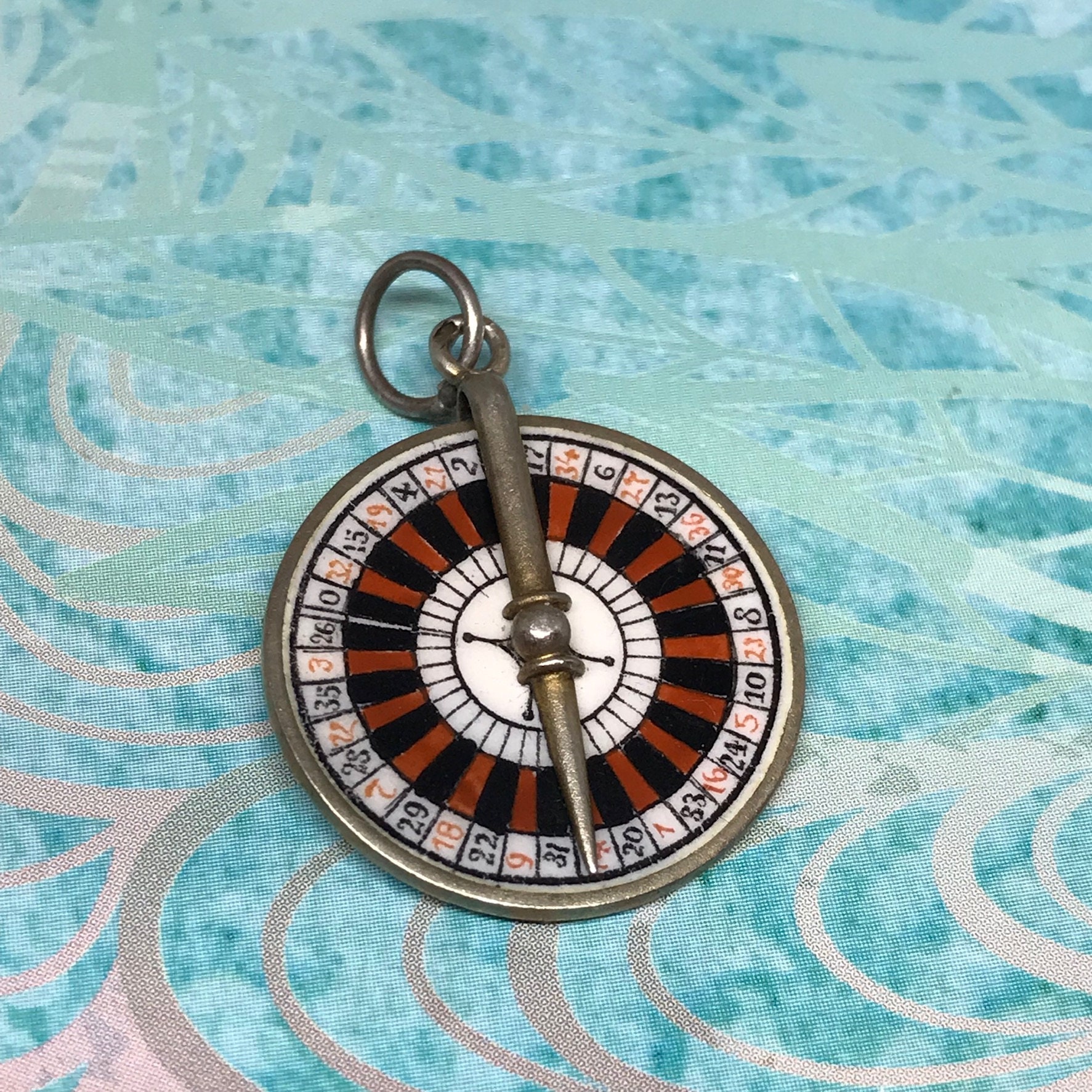 Antique Silver Enamel Roulette Wheel Pendant / Gambling Wheel Pendant