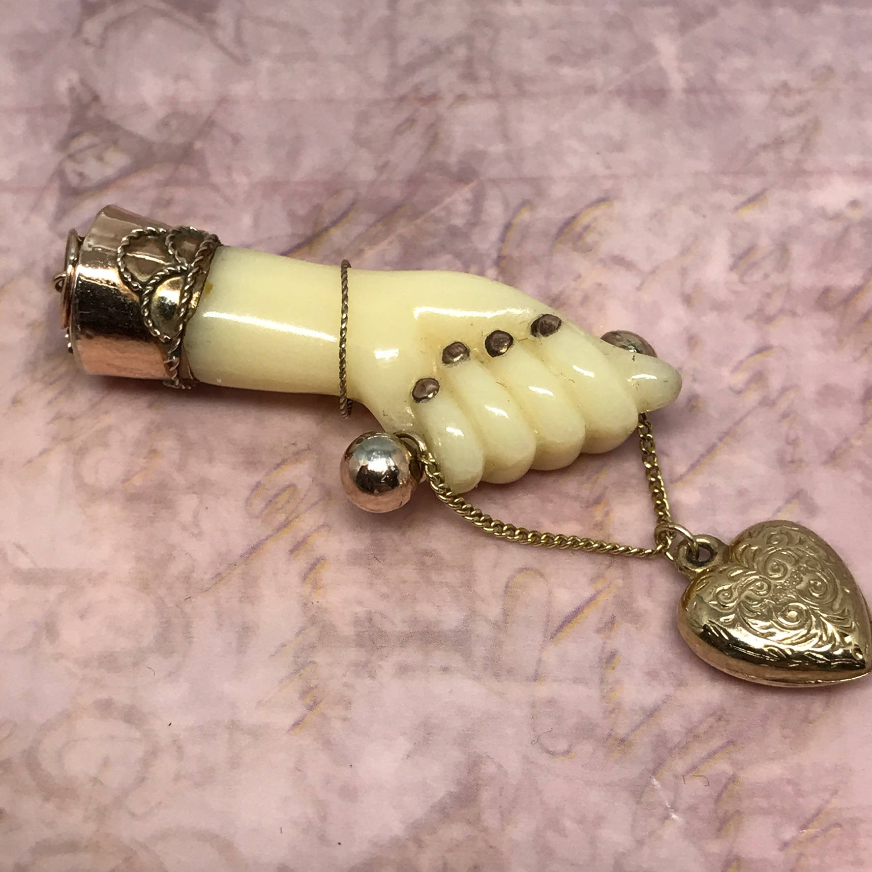 Victorian Ivory Celluloid Hand Pendant With Heart in 10K / Hand Amulet ...