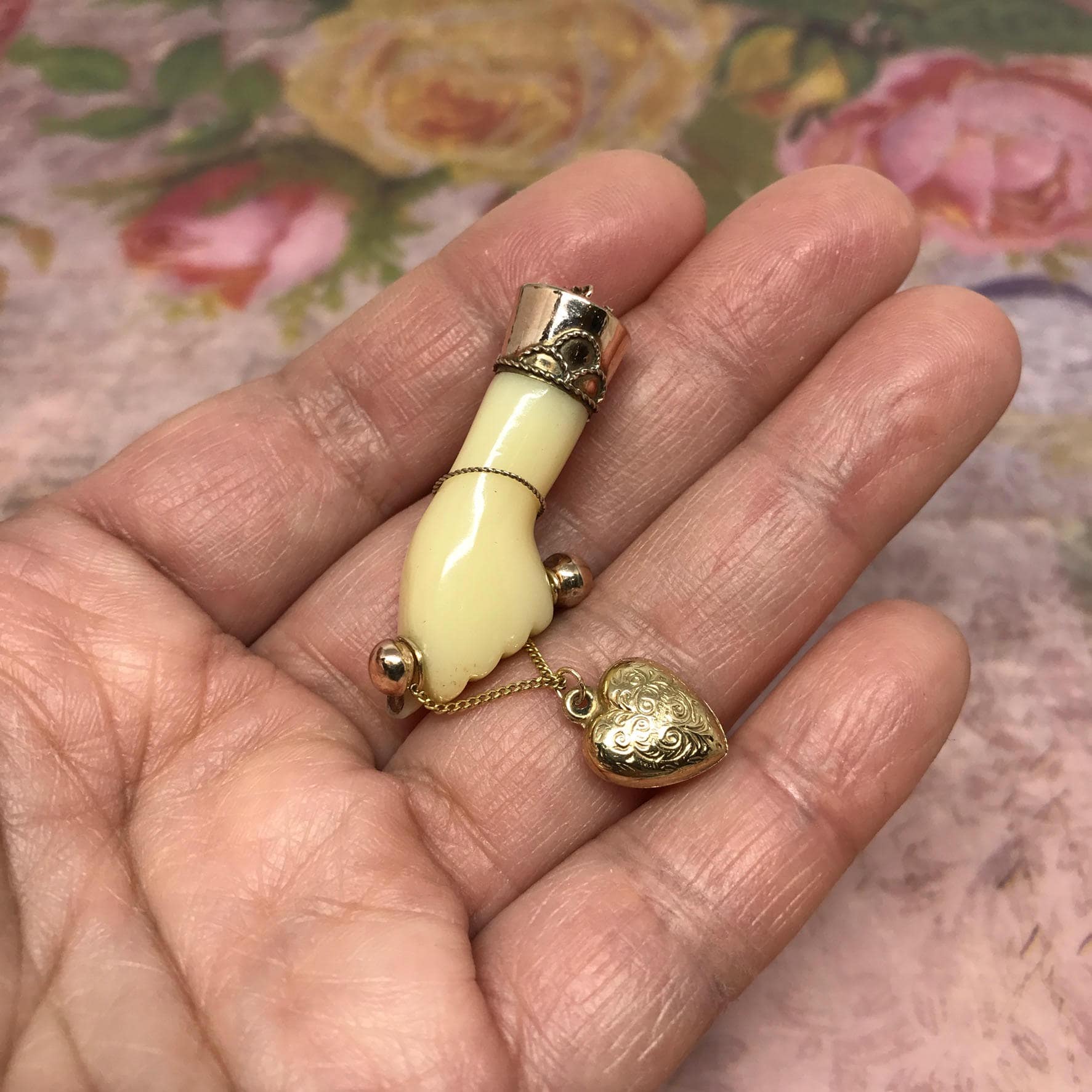 Victorian Ivory Celluloid Hand Pendant With Heart in 10K / Hand Amulet ...