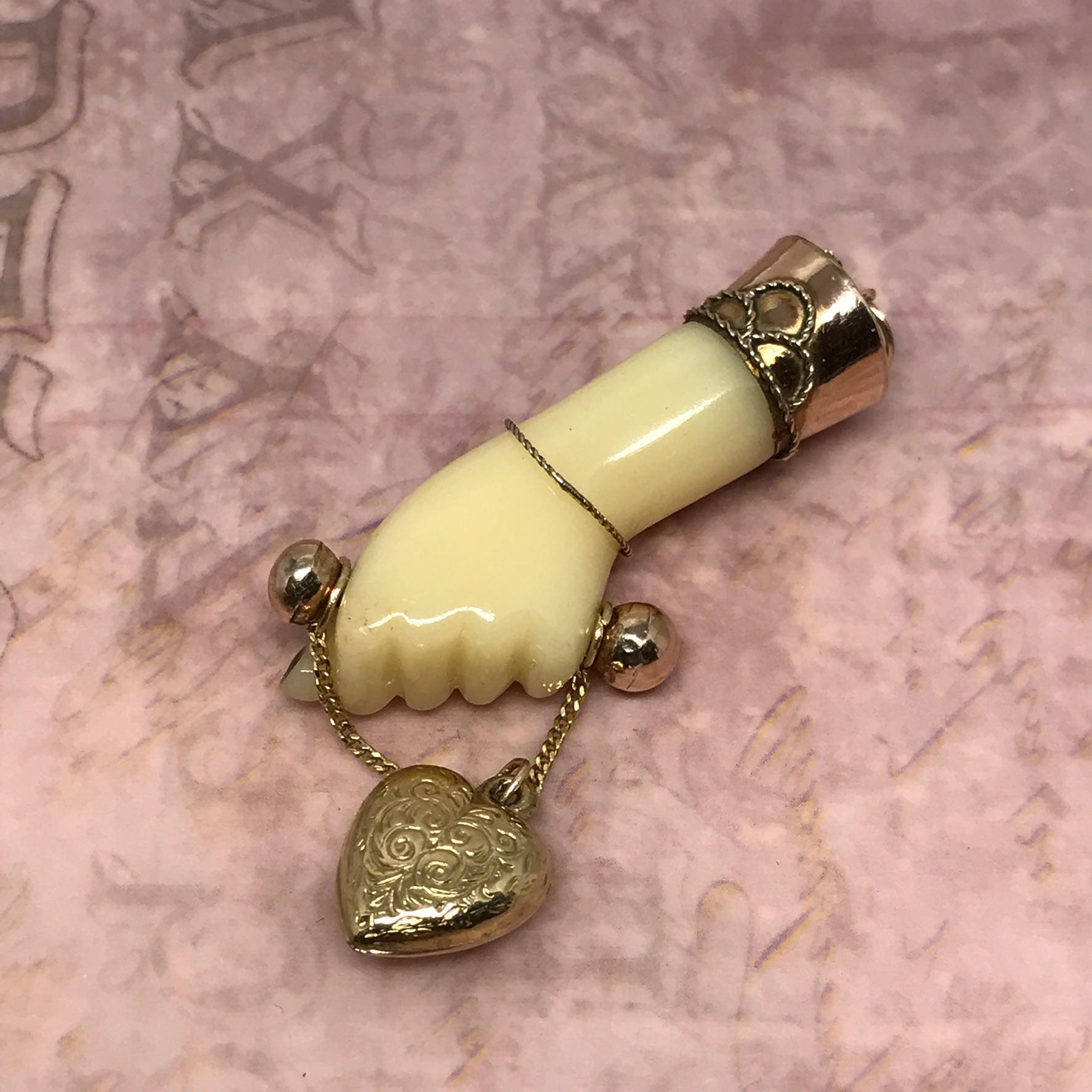 Victorian Ivory Celluloid Hand Pendant With Heart in 10K / Hand Amulet ...
