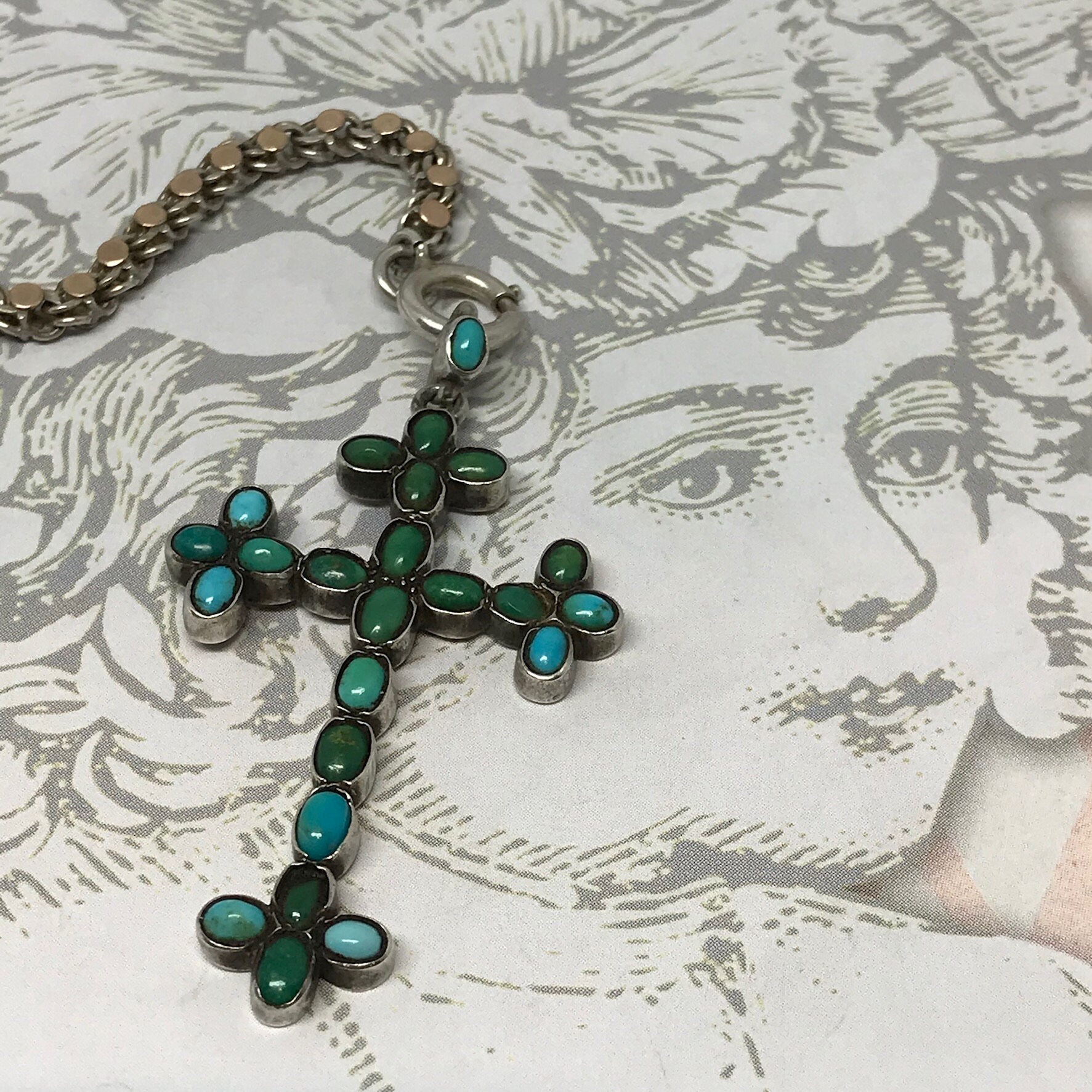 Vintage Large Sterling Natural Turquoise Cross Pendant
