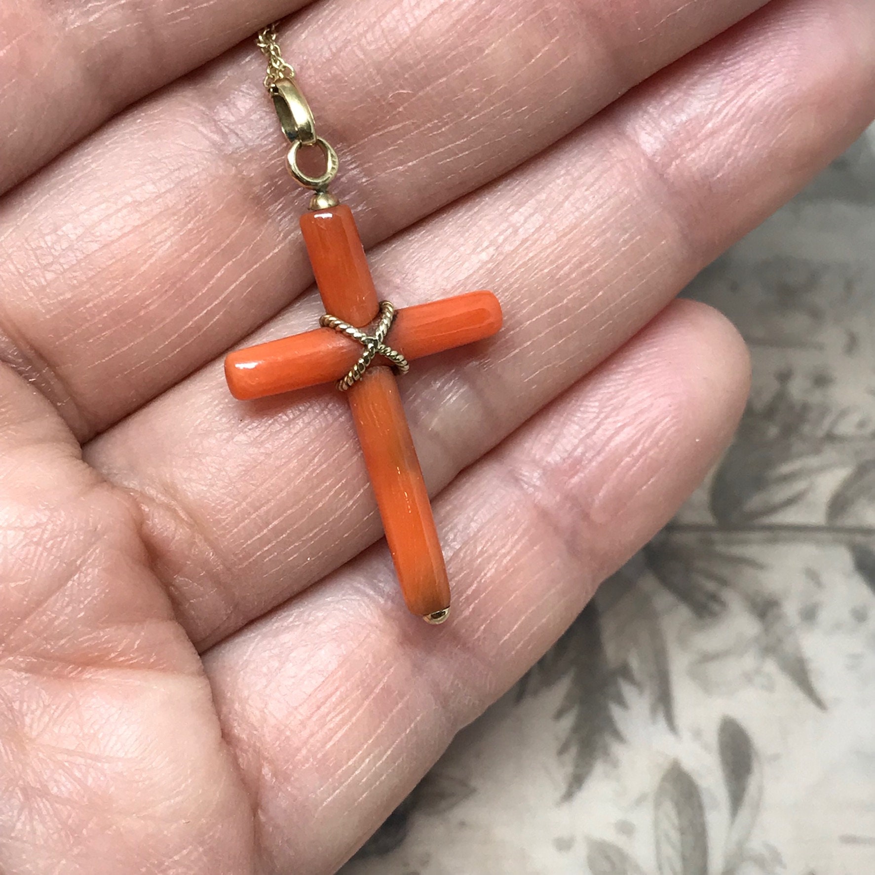 Antique Victorian Coral Cross Pendant In 18ct