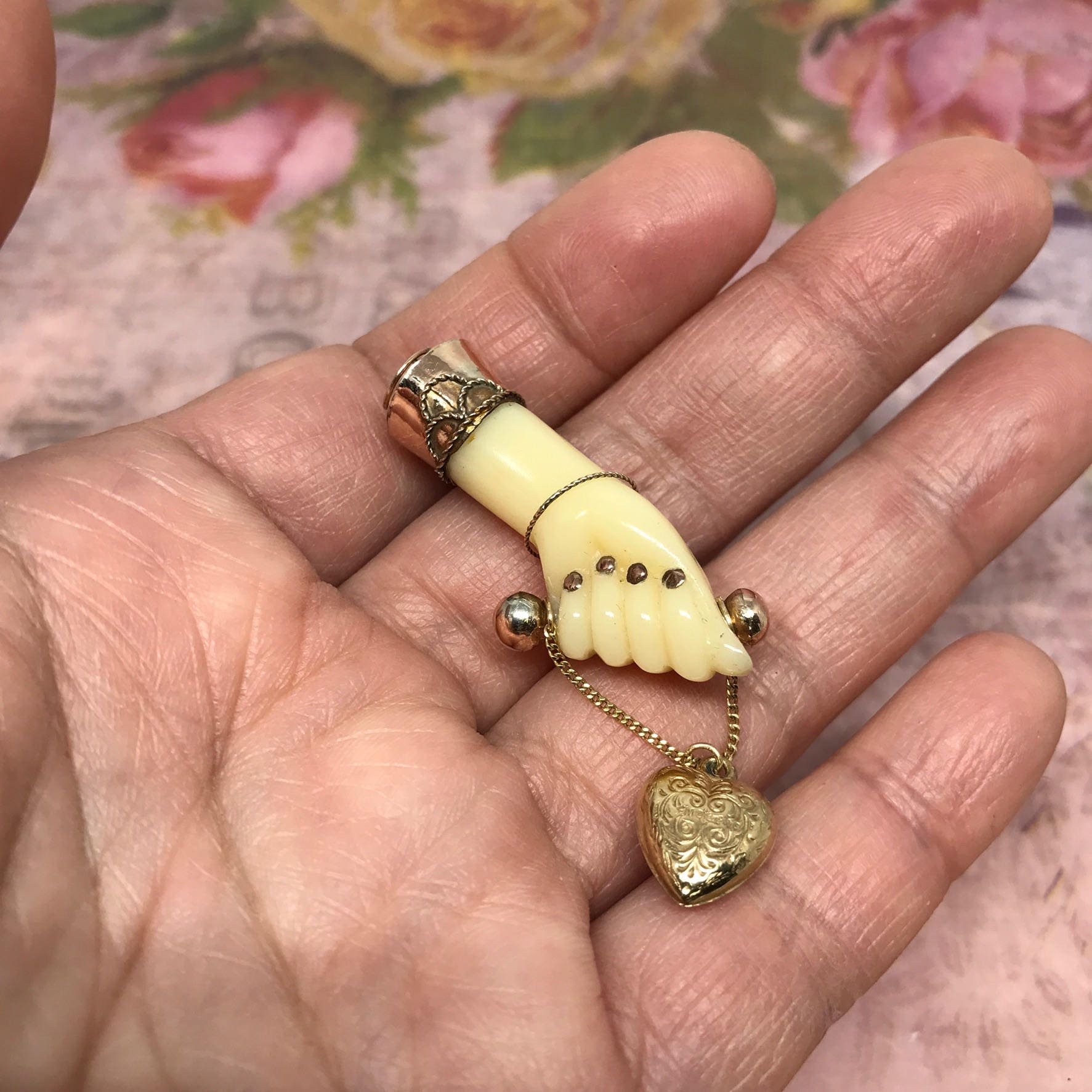Victorian Ivory Celluloid Hand Pendant With Heart in 10K / Hand Amulet ...
