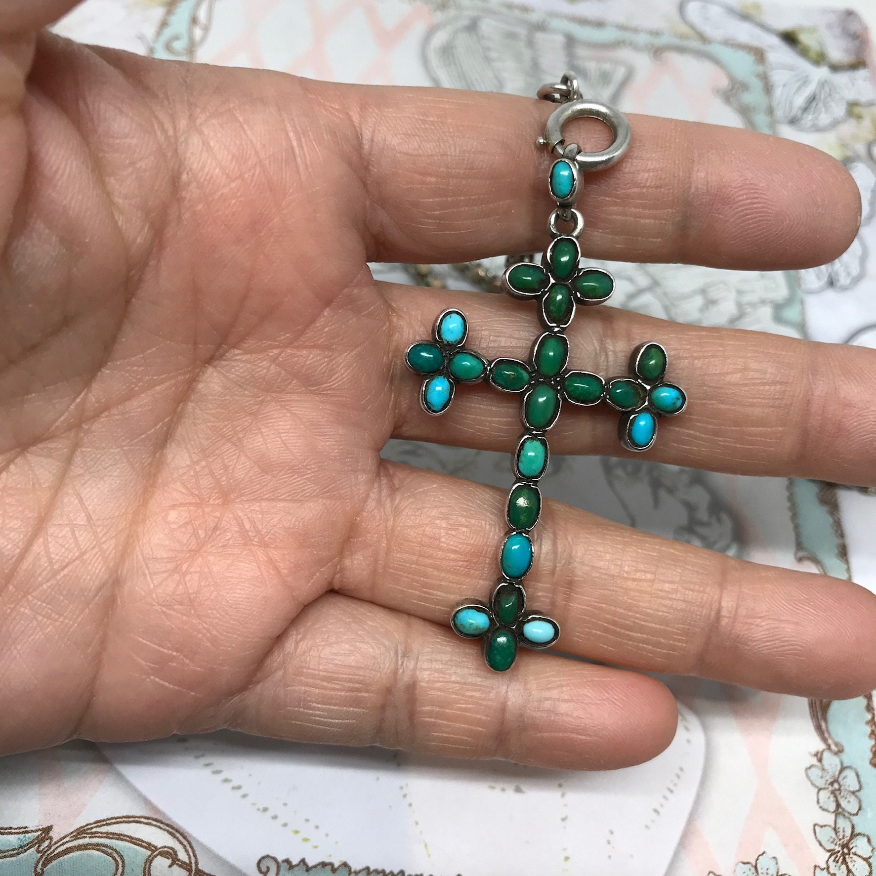 Vintage Large Sterling Natural Turquoise Cross Pendant
