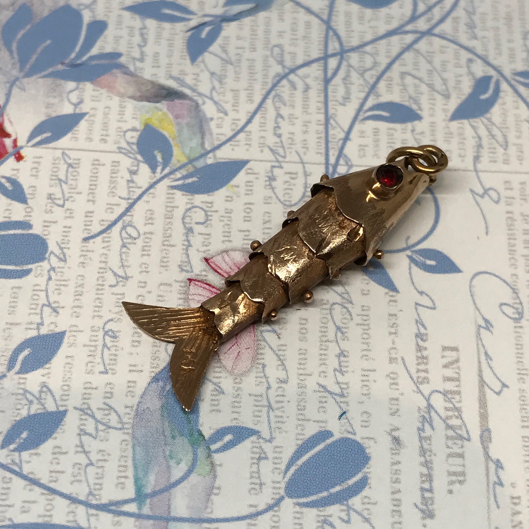 ON HOLD for Fleur - 14K Articulated Fish with Garnet Eyes