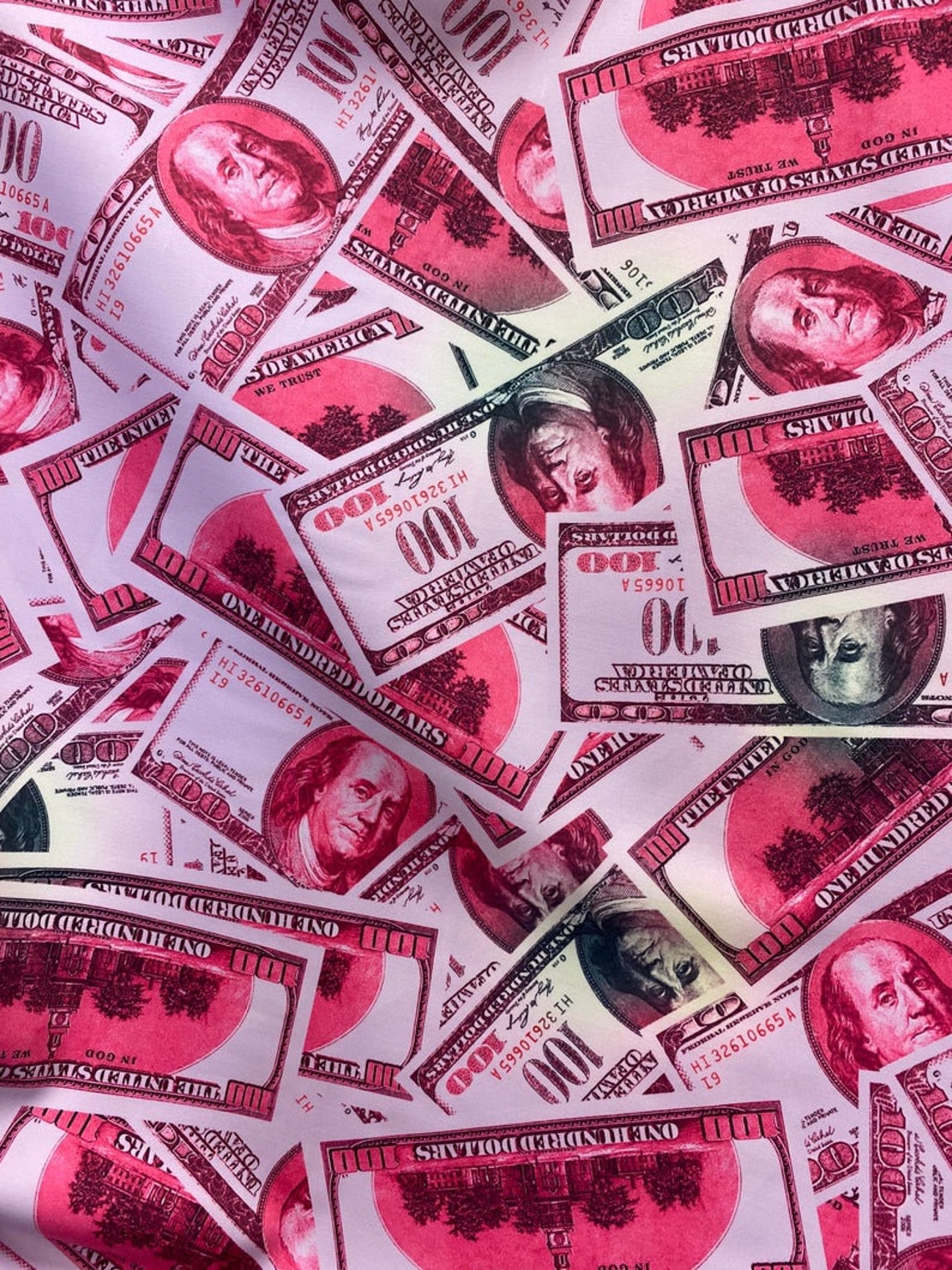 Pink 100 Dollar Bills Money Print Fabric Four Way Stretch Spandex ...