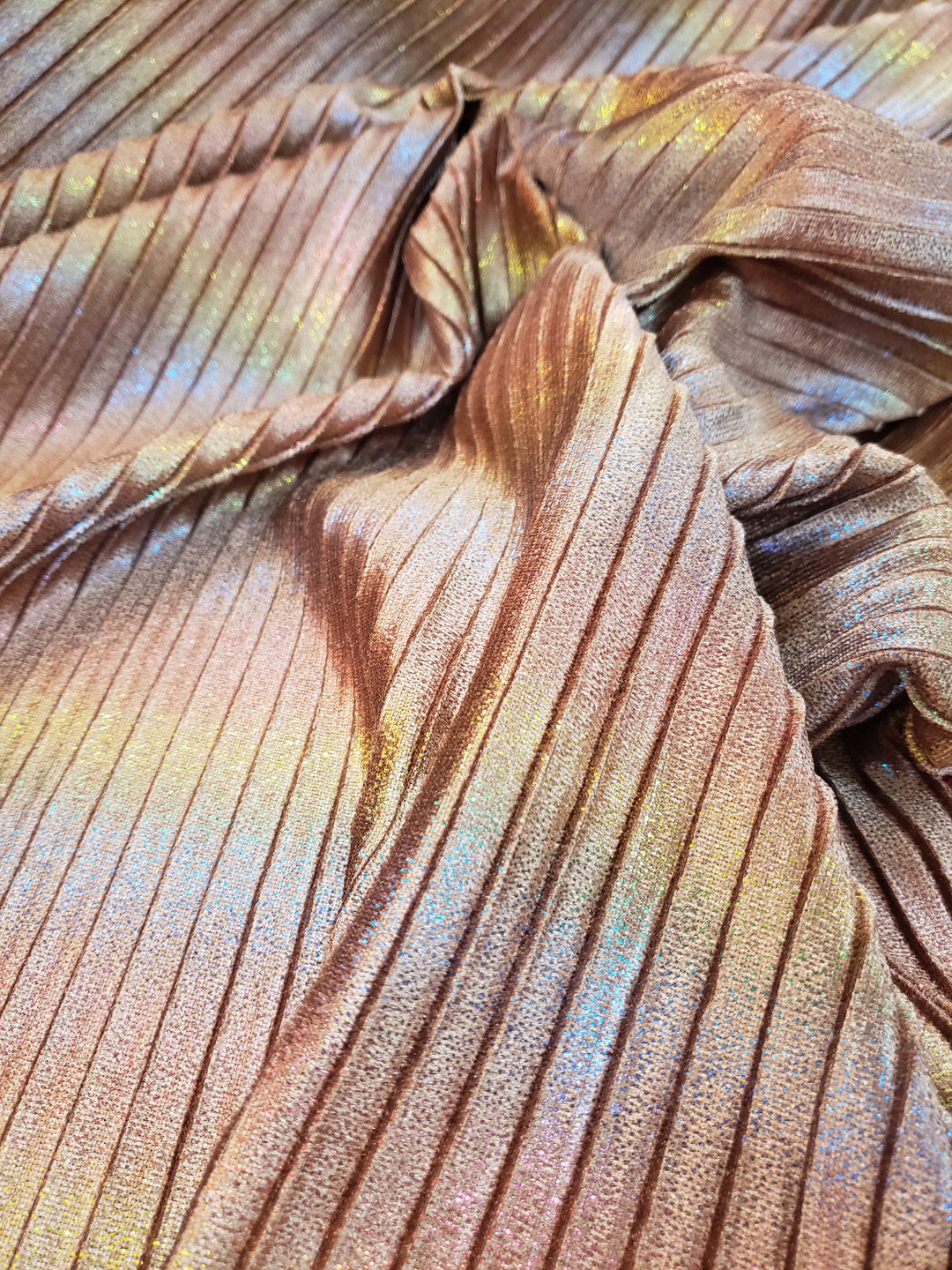 Shimmery Pleated Rainbow Poly Velvet Fabric, One-way Stretch (by the ...