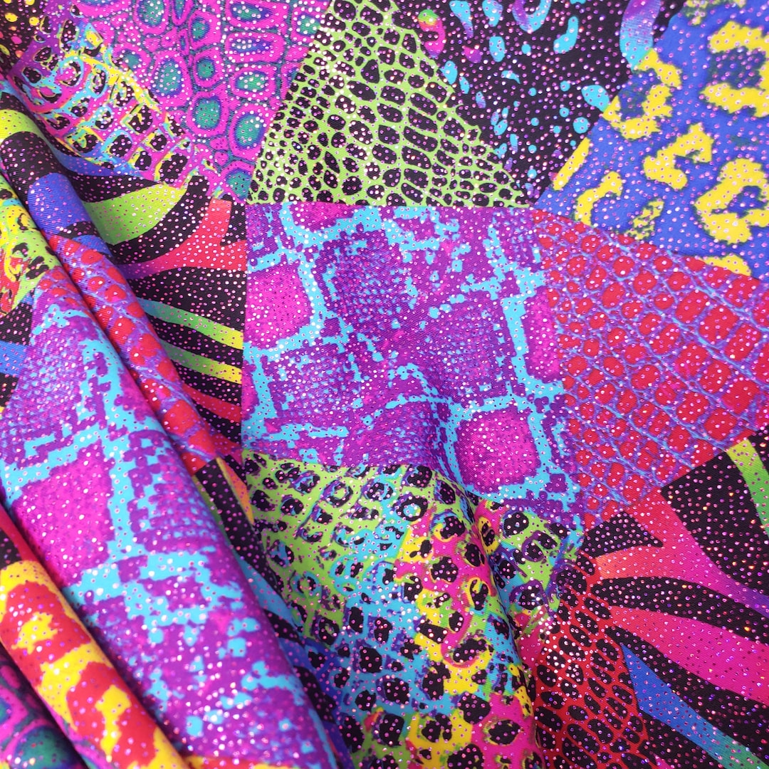 Neon Animal Print Nylon Spandex Fabric With Purple Holo Foil, 4-way ...
