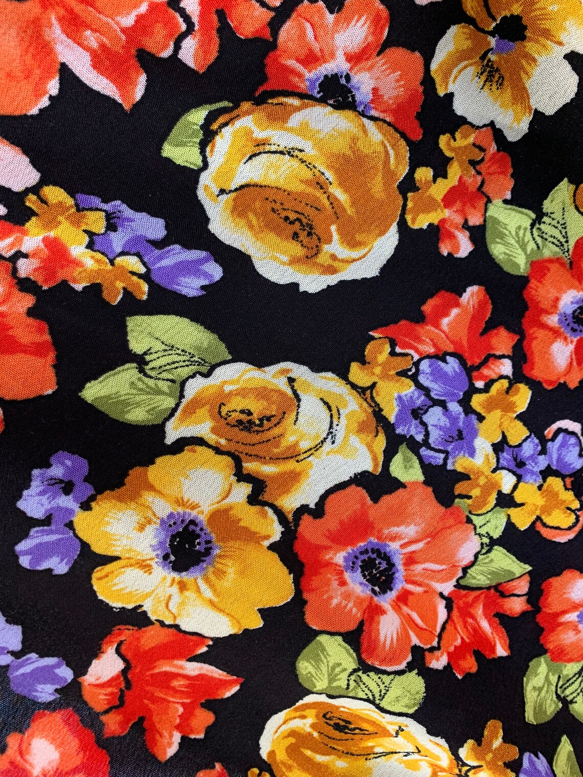 Floral Rayon Challis Fabric - Bright Colorful Print on Black, 54" Wide ...