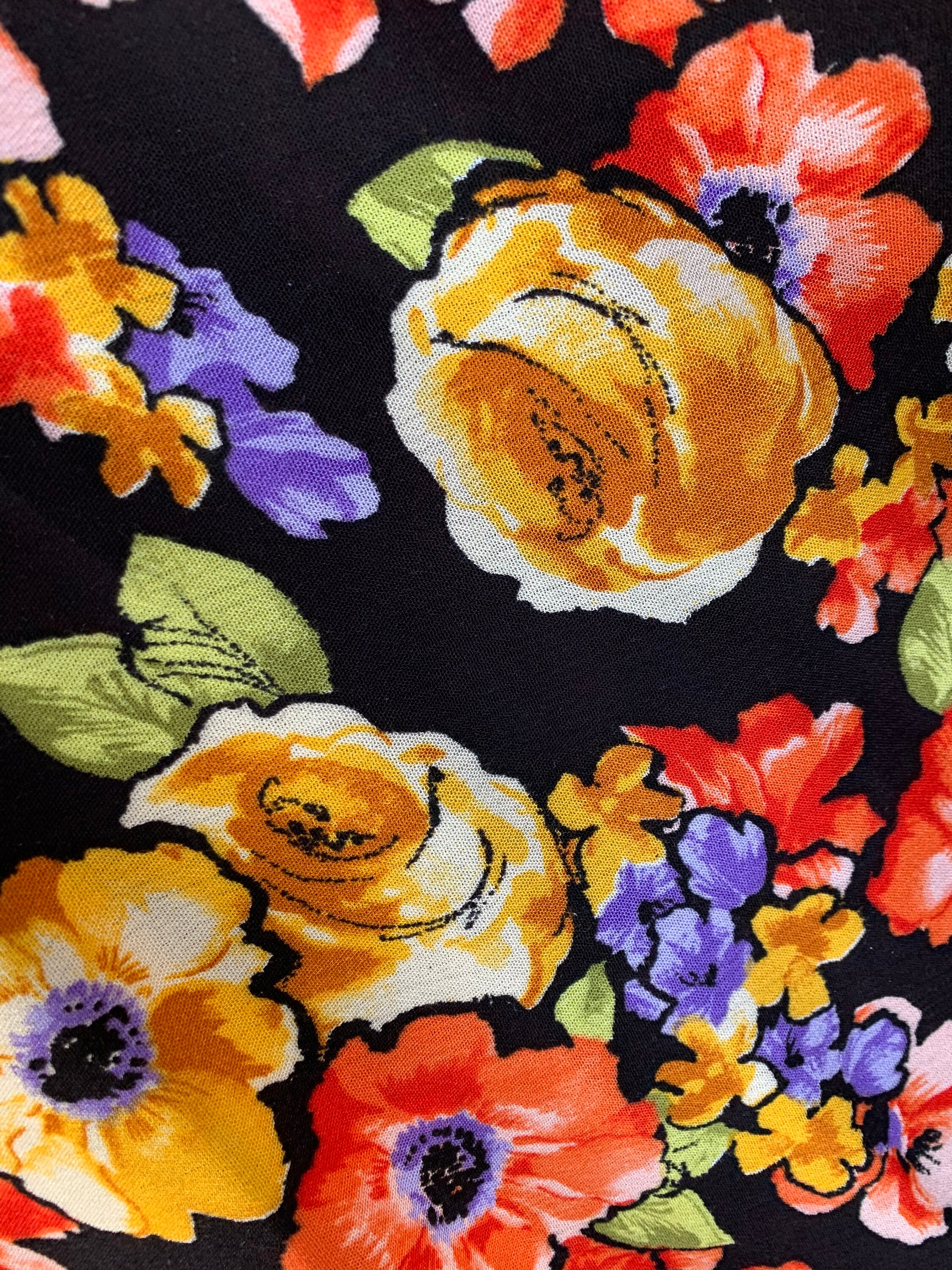 Floral Rayon Challis Fabric - Bright Colorful Print on Black, 54" Wide ...