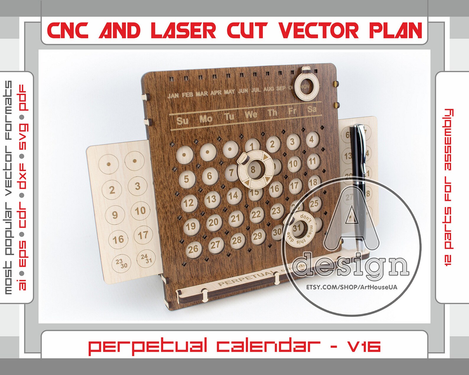 Perpetual calendar Calendar laser cut vector plan Perpetual | Etsy