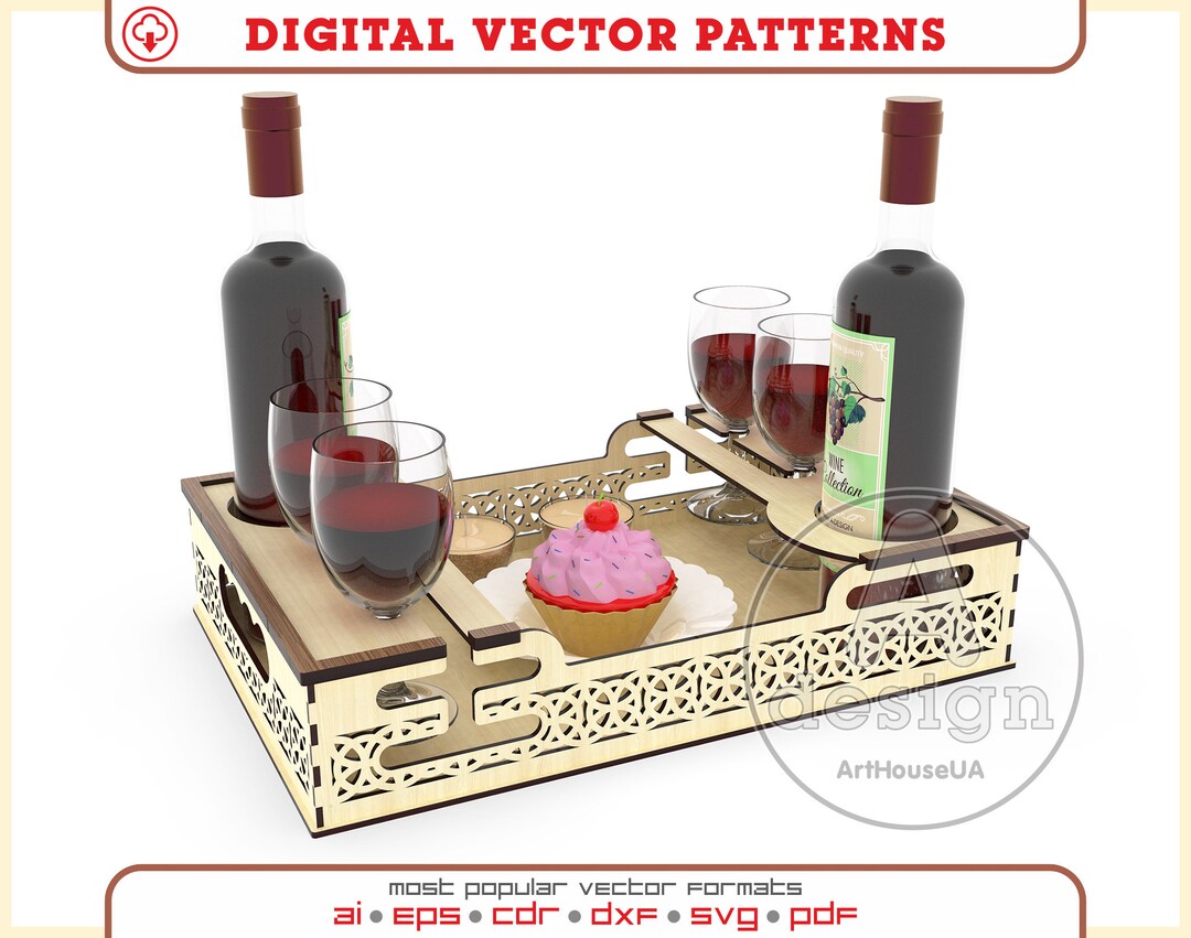 Wine Serving Tray Laser Cut Vector File, Wine Bottle Holder, Wine ...