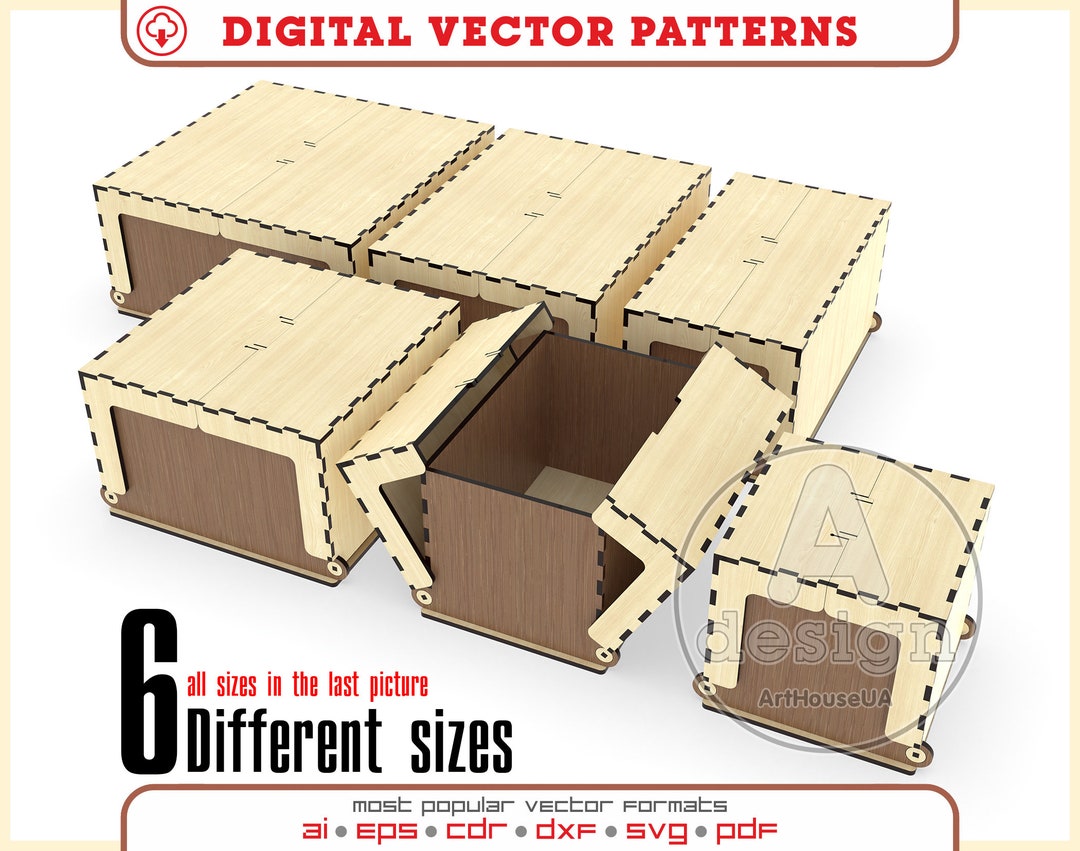 6 Different Sizes Boxes With Flip up Lid Vector File for Laser Cut ...