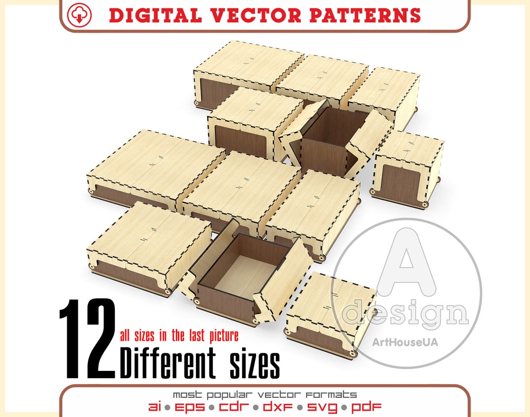 12 Different Sizes Boxes With Flip up Lid Vector File for Laser Cut ...