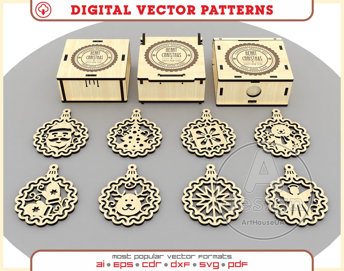 Set Christmas Tree Decoration Glowforge Ready Vector SVG - Etsy