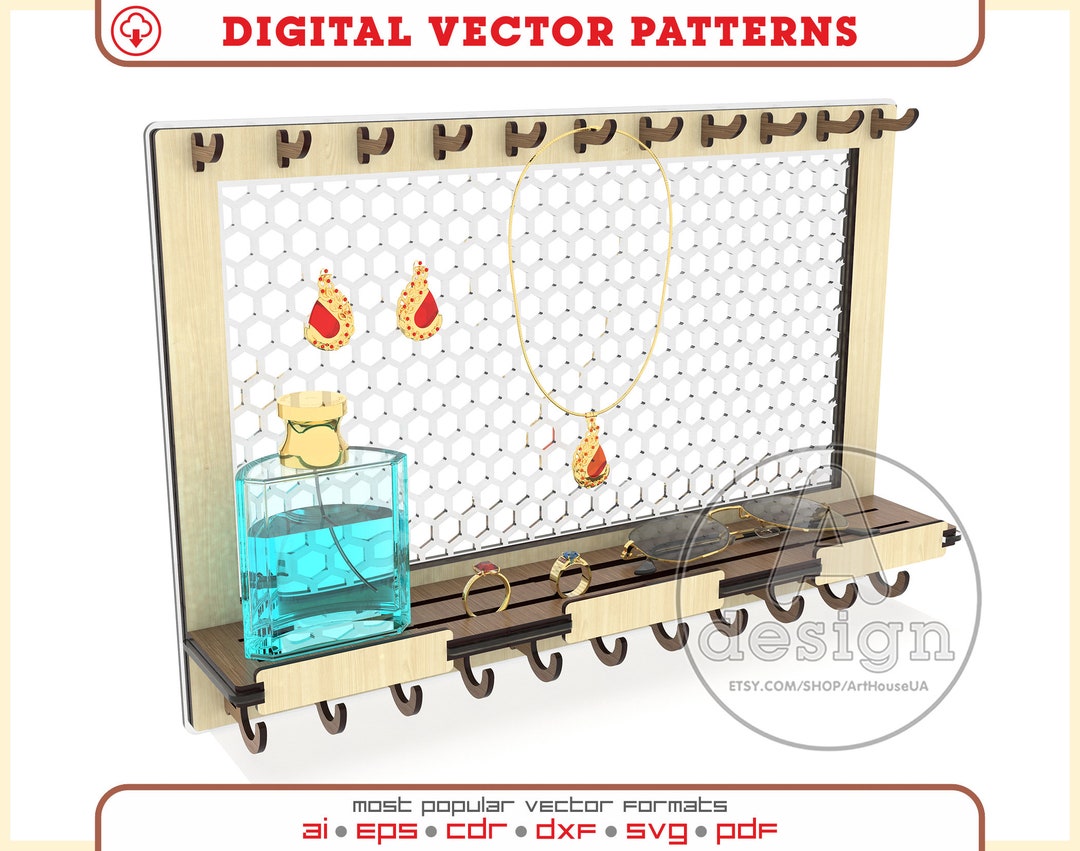 Jewelry Organizer Vector, Hanging Jewelry Storage Laser Cut File DXF ...