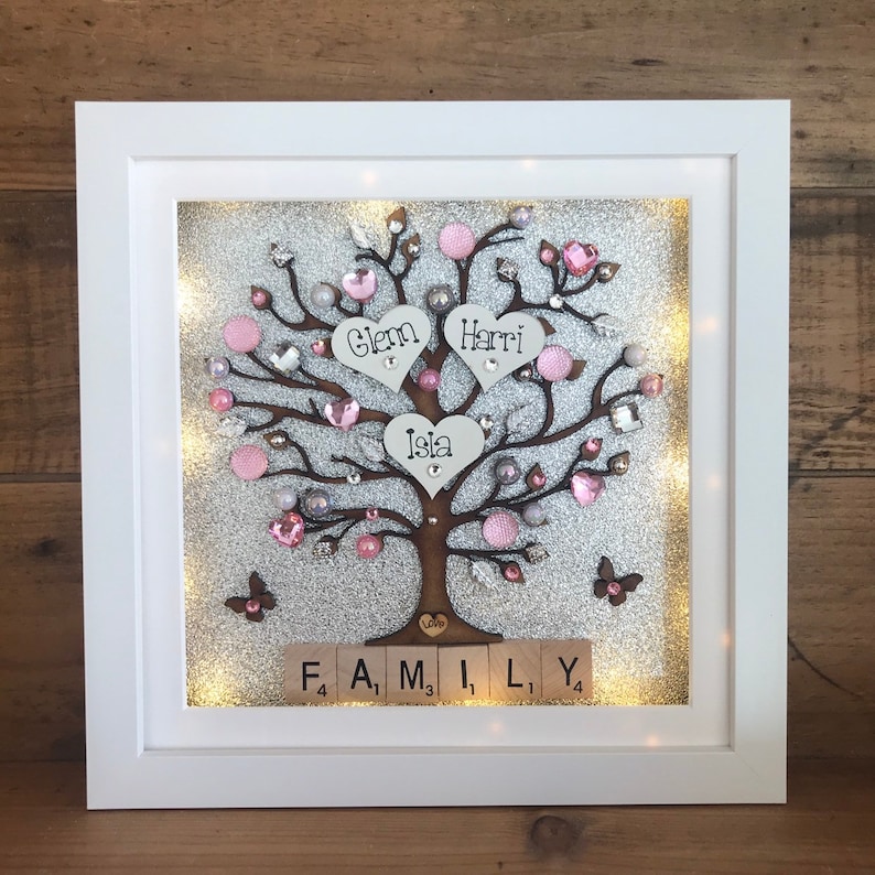 Family Tree Box Frame - With LED Lights - Personalised With Scrabble ...