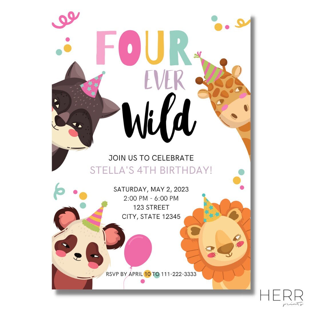 FOUR EVER WILD | 4th Birthday Invitation Printable - Etsy
