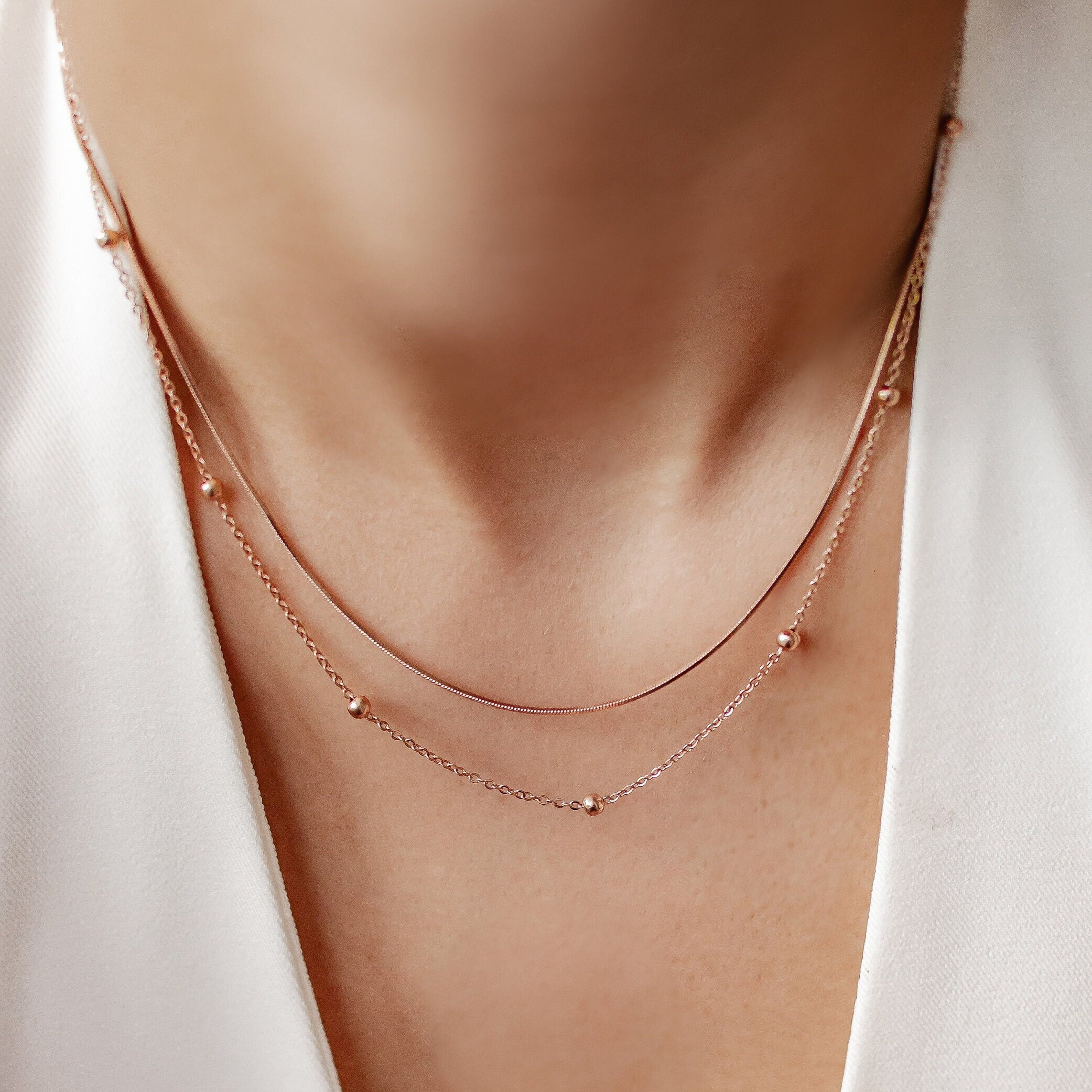 Layered Bobble Chain Necklace Rose Gold Delicate Stainless Steel Snake Chain Necklace